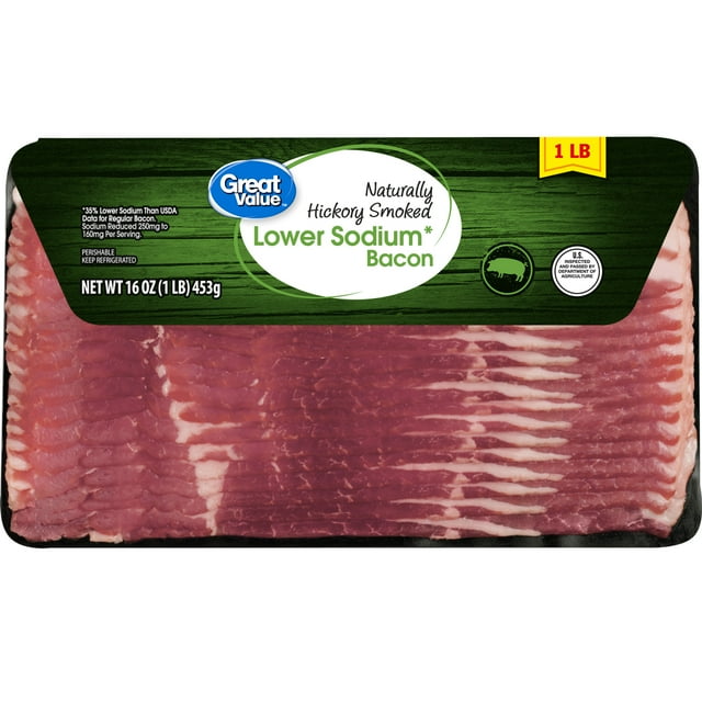 Great Value Hickory Smoked Lower Sodium Bacon, 1 lb - Walmart.com