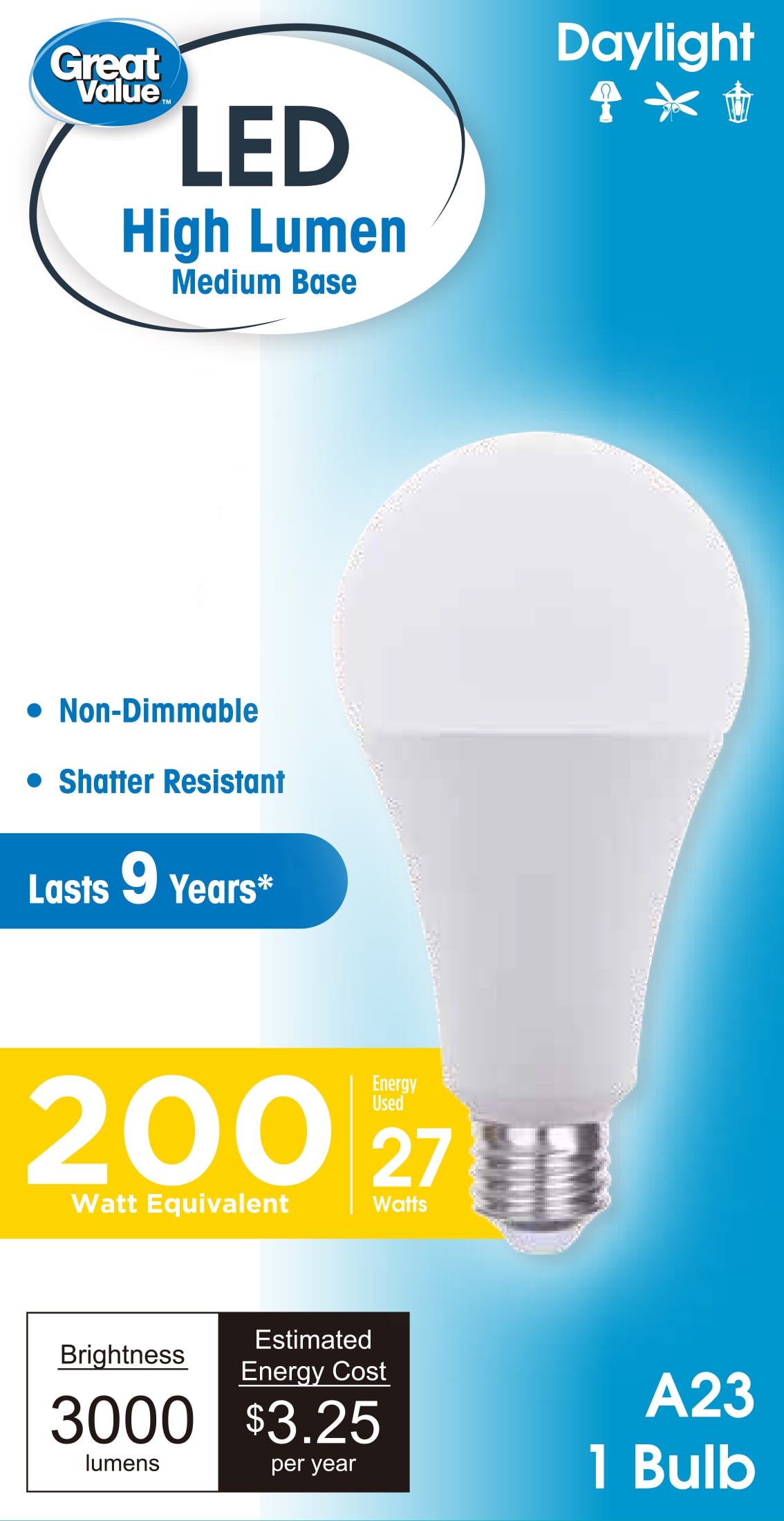 Great Value High Output A23 LED Light Bulb 27W 3000 Lumens Daylight E26 ...