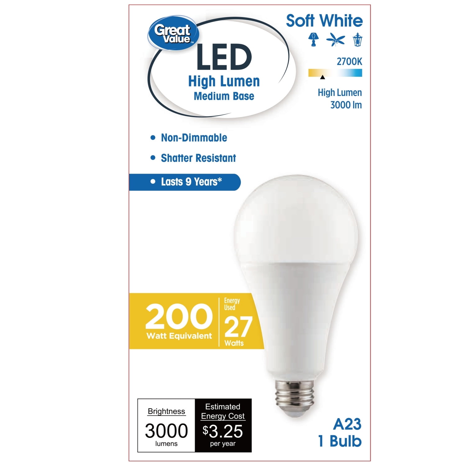 Great Value High Output A23 LED Light Bulb, 27-Watt (200W Equivalent), Soft White, E26 Medium ...