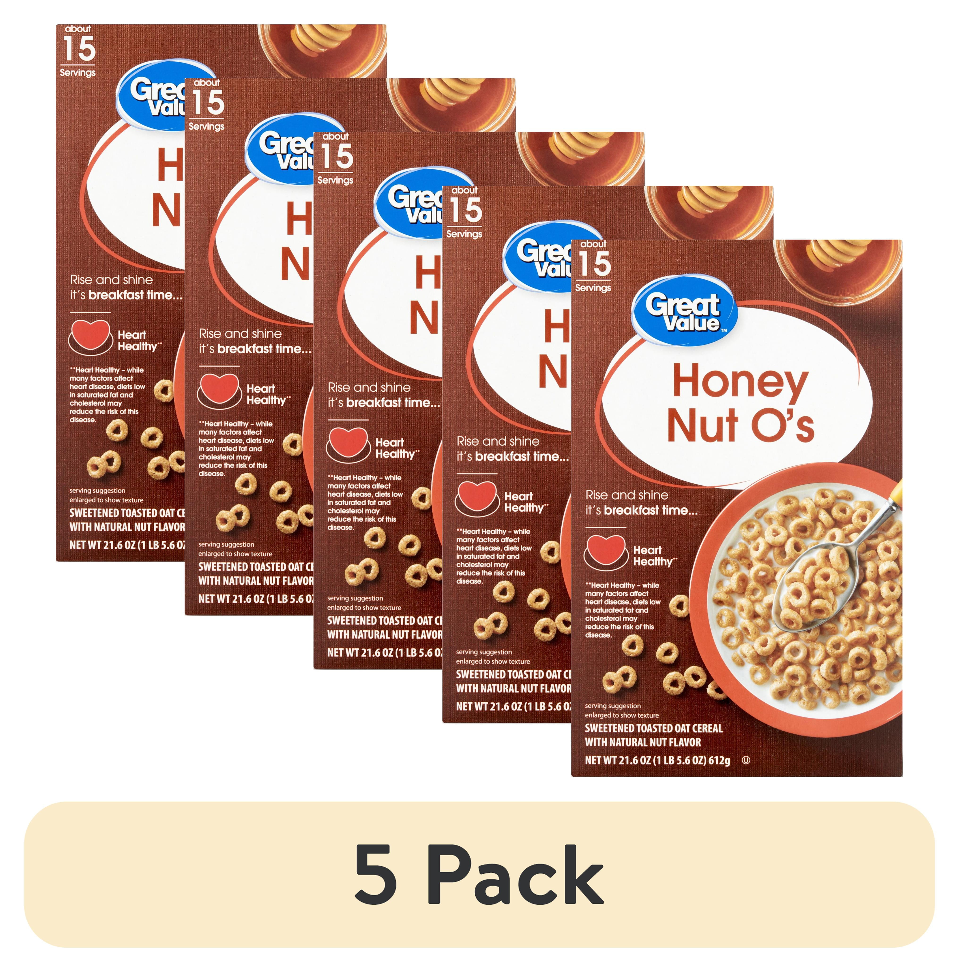 (5 pack) Great Value Honey Nut O's Oat Breakfast Cereal, 21.6 oz ...