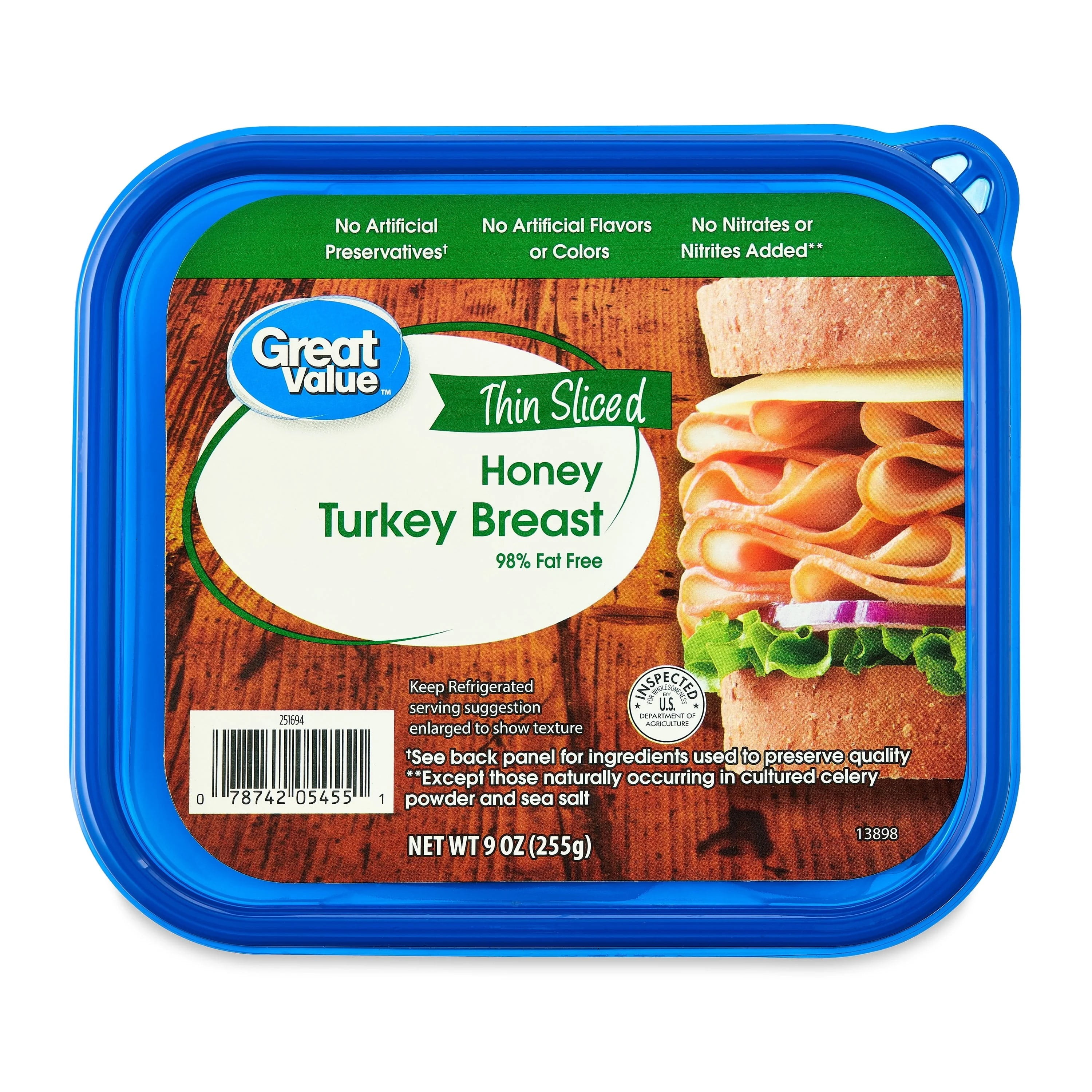 Great Value Honey Turkey Breast Lunchmeat 9 oz, Thin Sliced, No ...