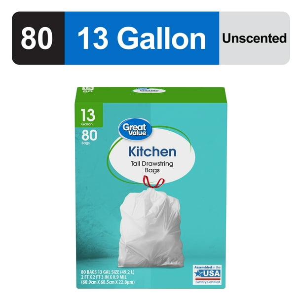 Great Value Kitchen Tall Drawstring Bags, 13 Gallon, 80 Count - Walmart ...