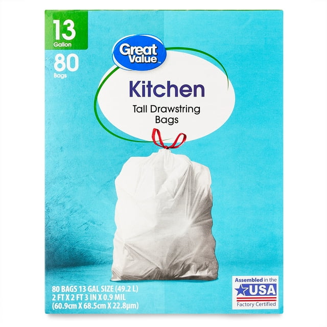 Great Value Kitchen Tall Drawstring Bags, 13 Gallon, 80 Count - Walmart ...