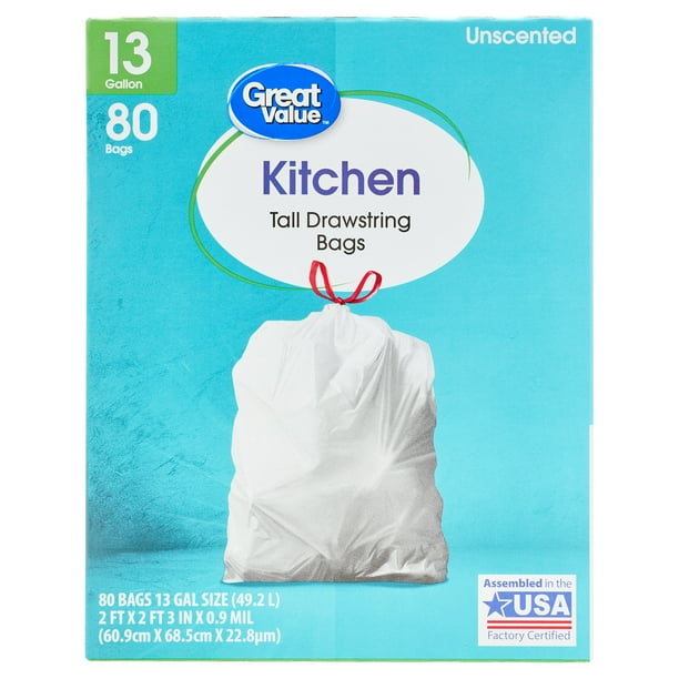 Great Value Kitchen Tall Drawstring Bags, 13 Gallon, 80 Count - Walmart ...