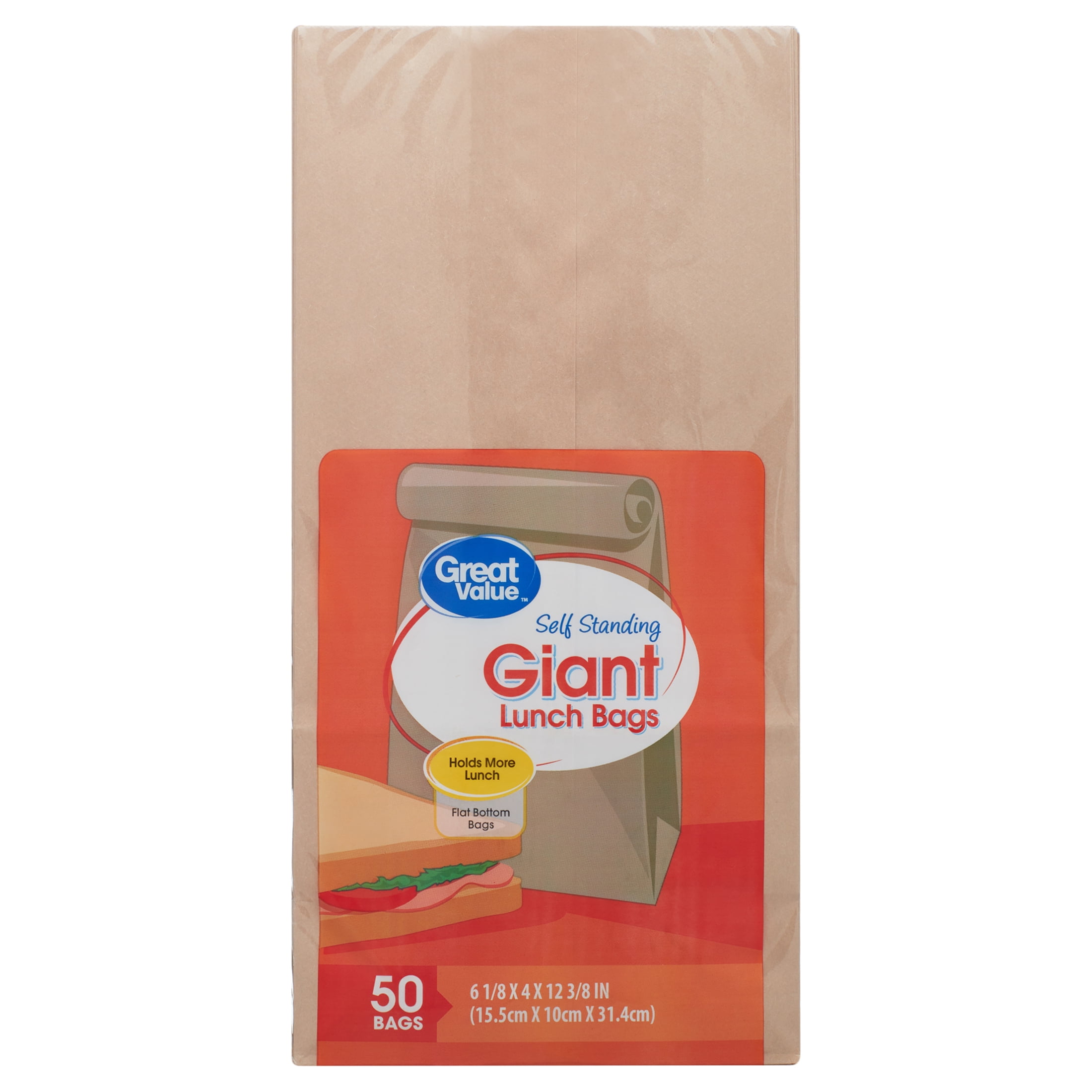 Great Value Self Standing Giant Lunch Bags, 50 Count, Sturdy Kraft ...