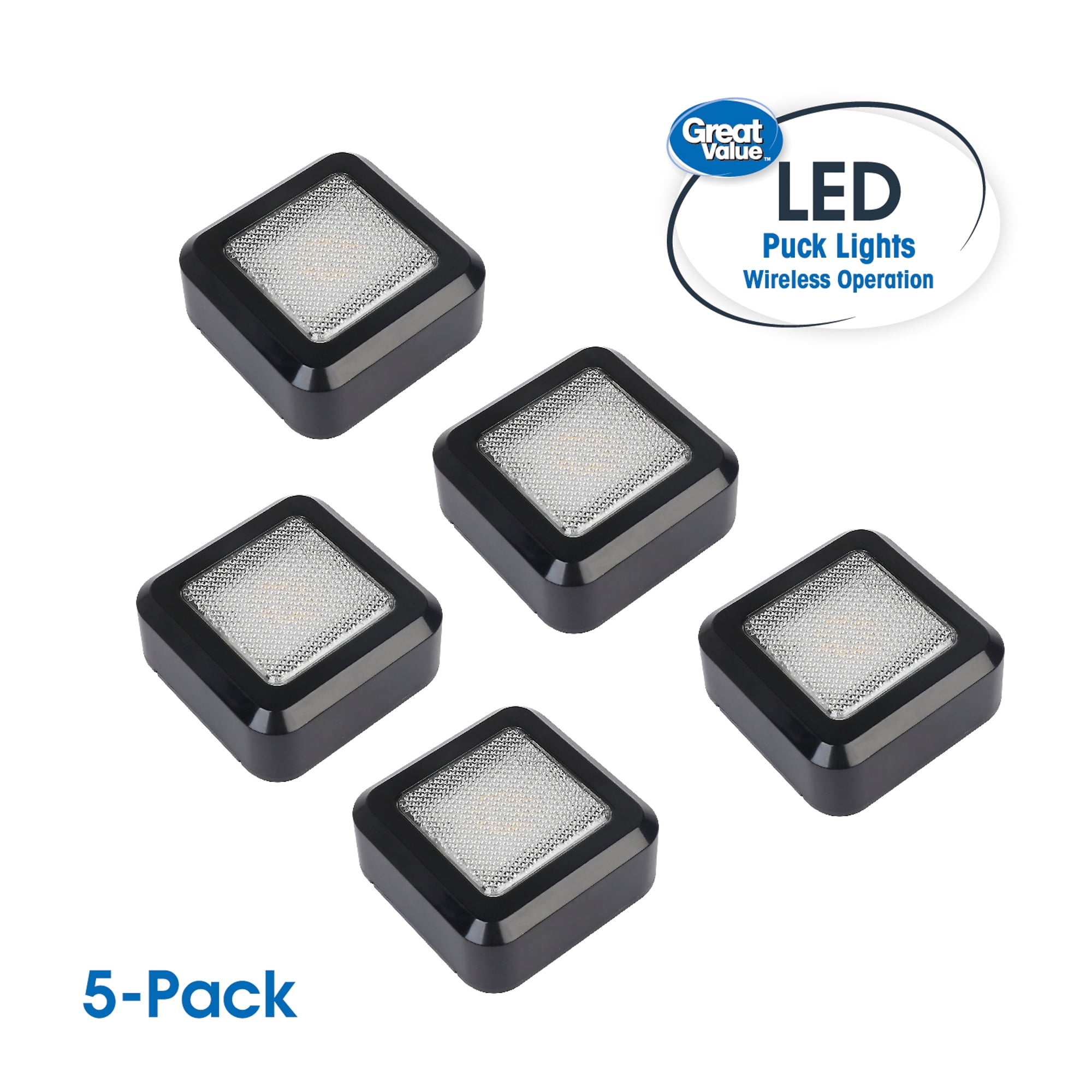 Great Value LED 100 Lumens Wireless Puck Lights 5-Pack, Black Finish ...