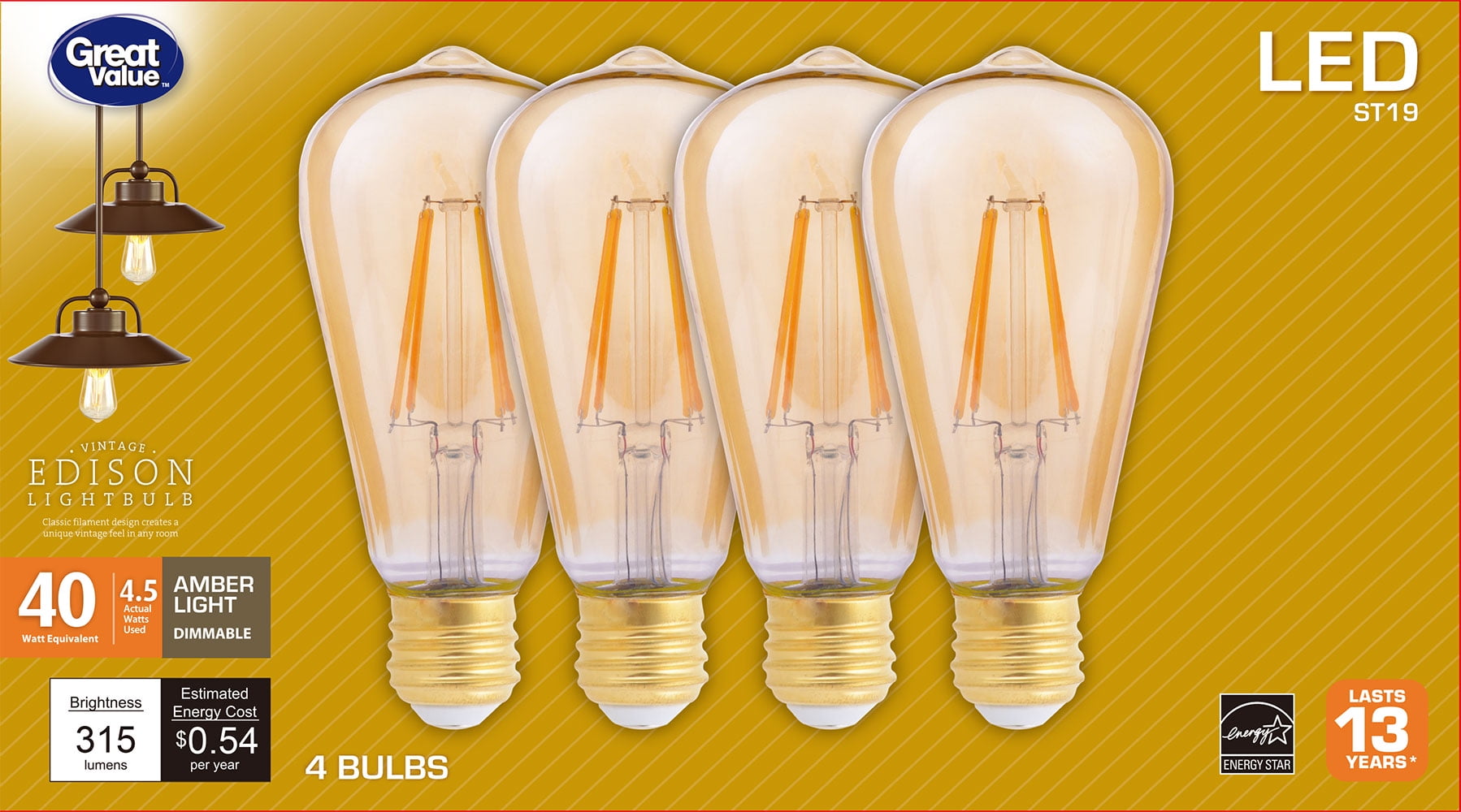 Great Value LED 4.5 Watt Deco Amber Light Medium Base Light Bulbs, ST19 ...