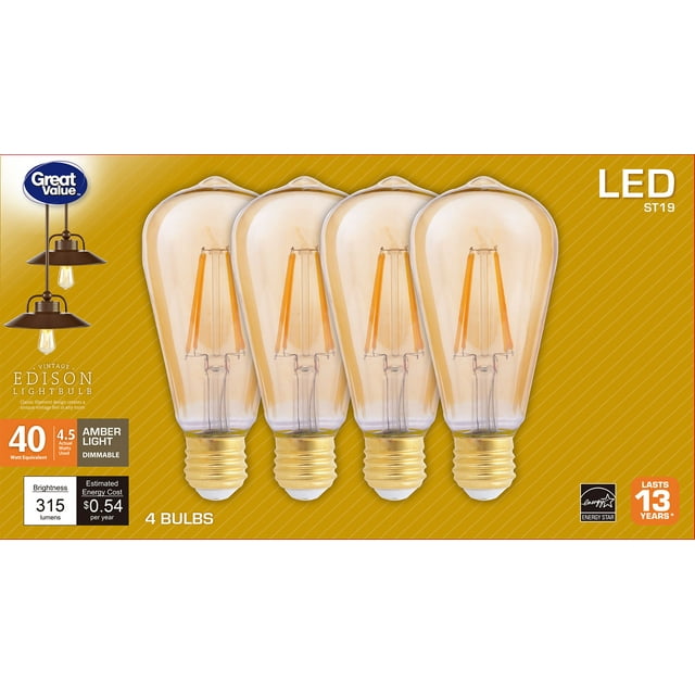 Great Value LED 4.5 Watt Deco Amber Light Medium Base Light Bulbs, ST19 ...