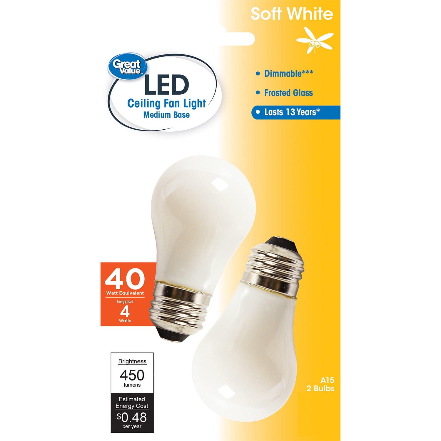 Great Value LED, 4W (40W Eqv) A15 Frosted Lamp E26 Medium Base, Dimmable, Soft White, 2pk ...