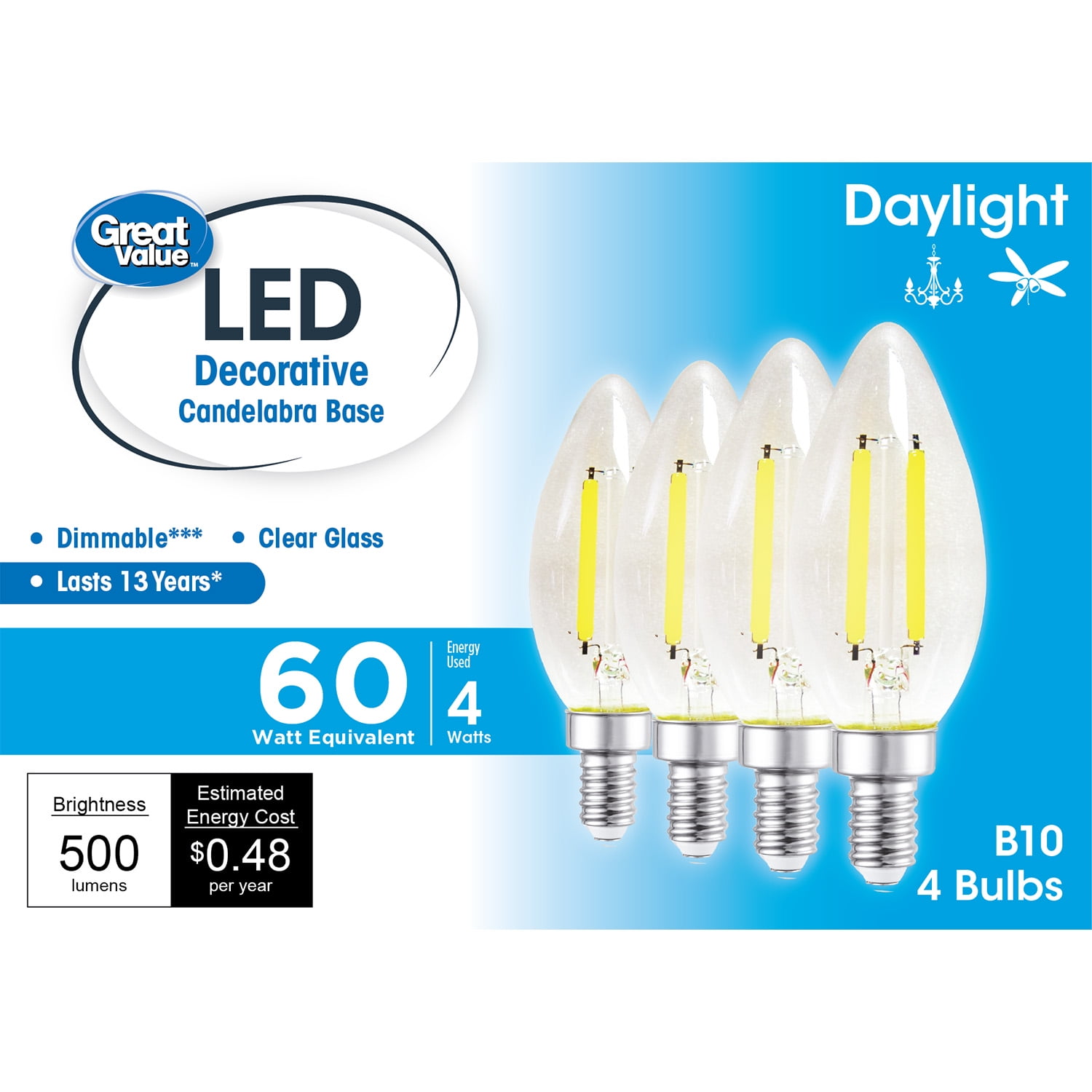 Great Value Daylight 4W (60W Eqv) B10 Deco LED Candelabra Bulb E12 ...