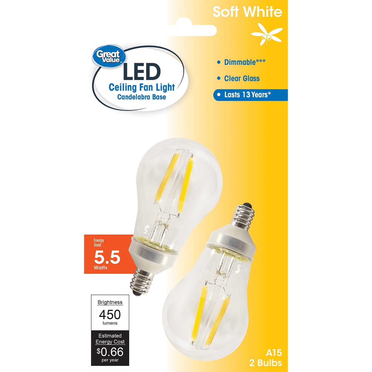 Great Value LED, 5.5W (40W Eqv) A15 Clear Lamp E12 Candelabra Base ...