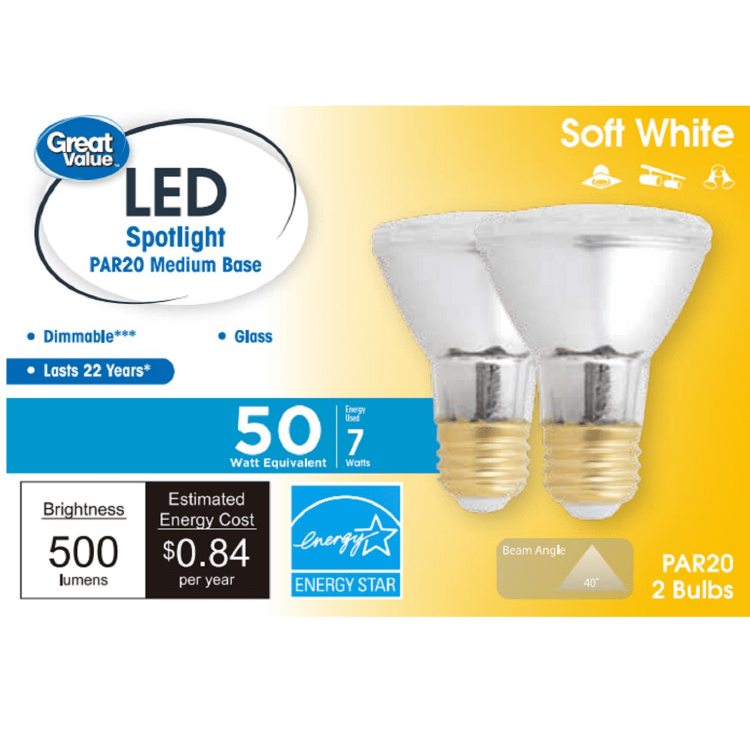 Great Value LED 7 Watts Directional PAR30 Soft White Medium Base Bulbs ...