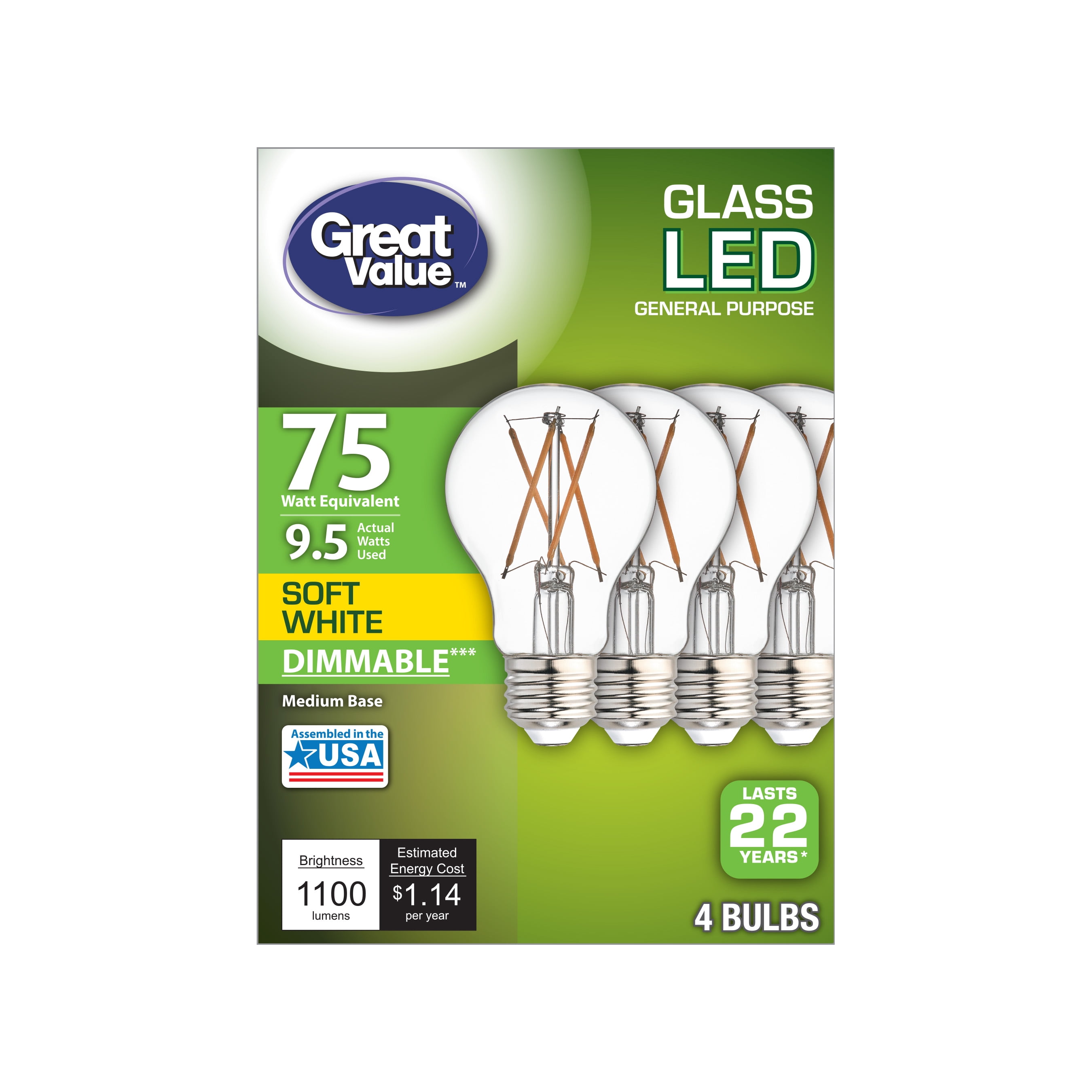 Great Value LED 9-Watt (75W Replacement) Soft White General Purpose A19 ...