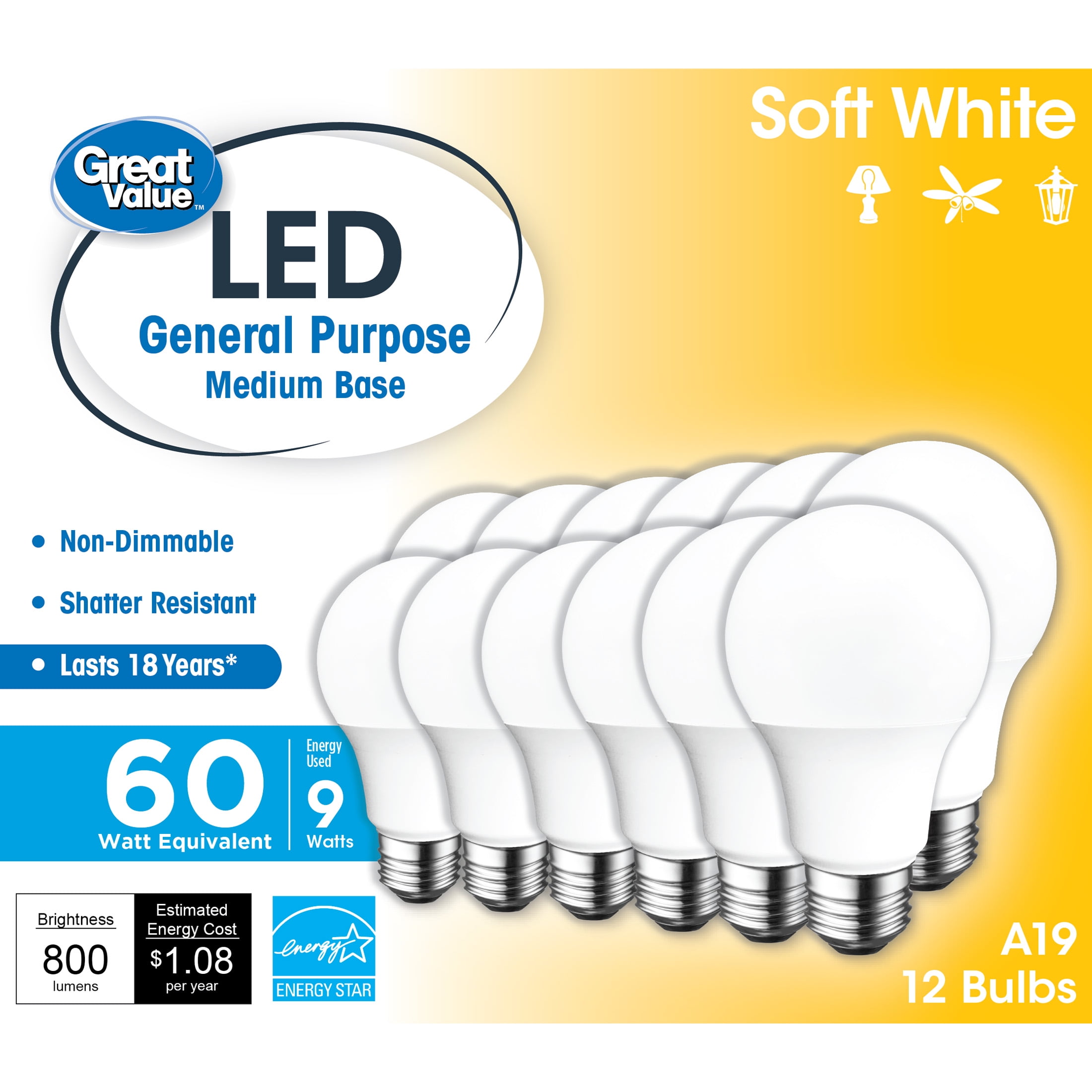 Great Value LED, 9W (60W Equivalent) 18Y, A19 General Purpose E26 ...