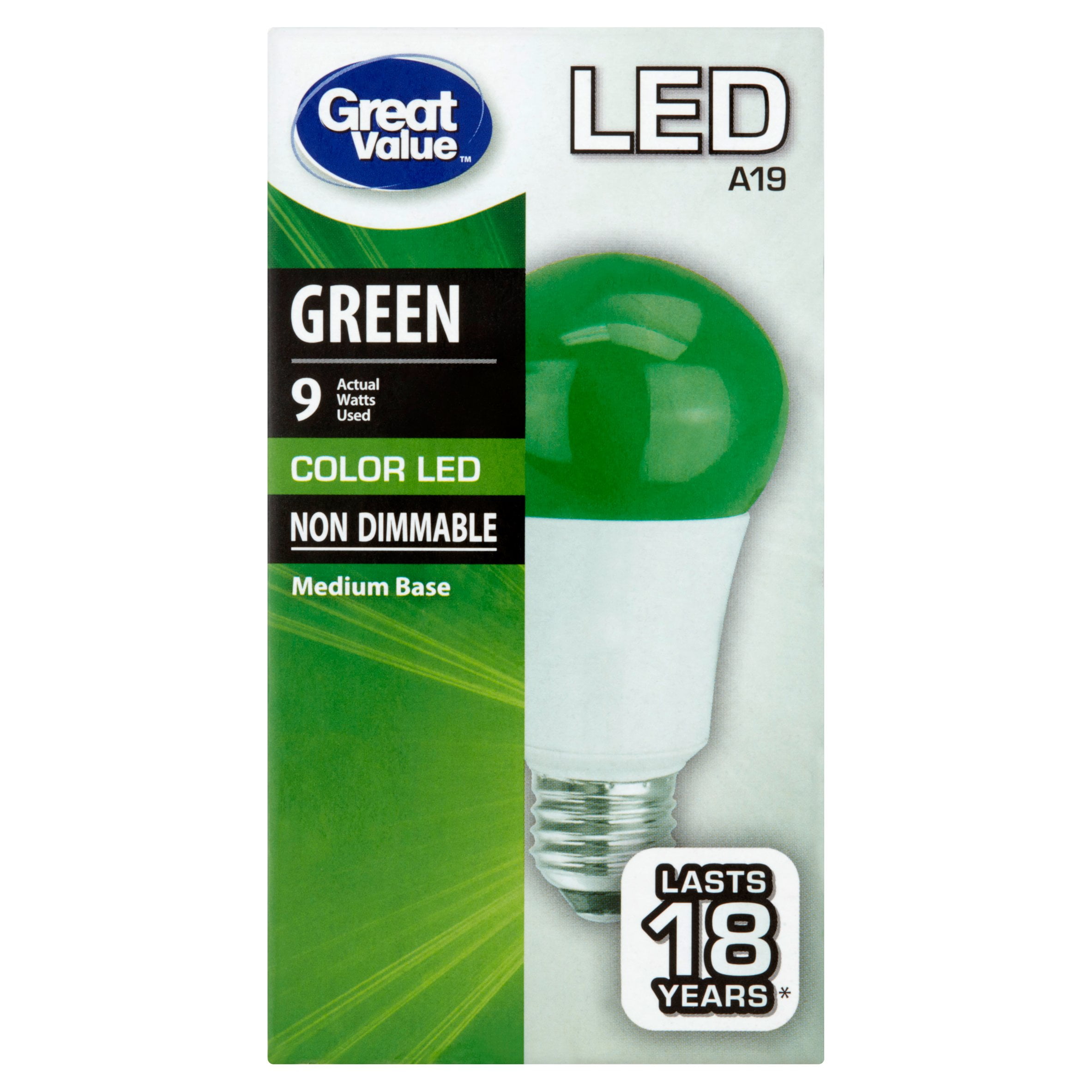 Great Value LED A19 (E26) Light Bulb, 9 Watts, Green - Walmart.com