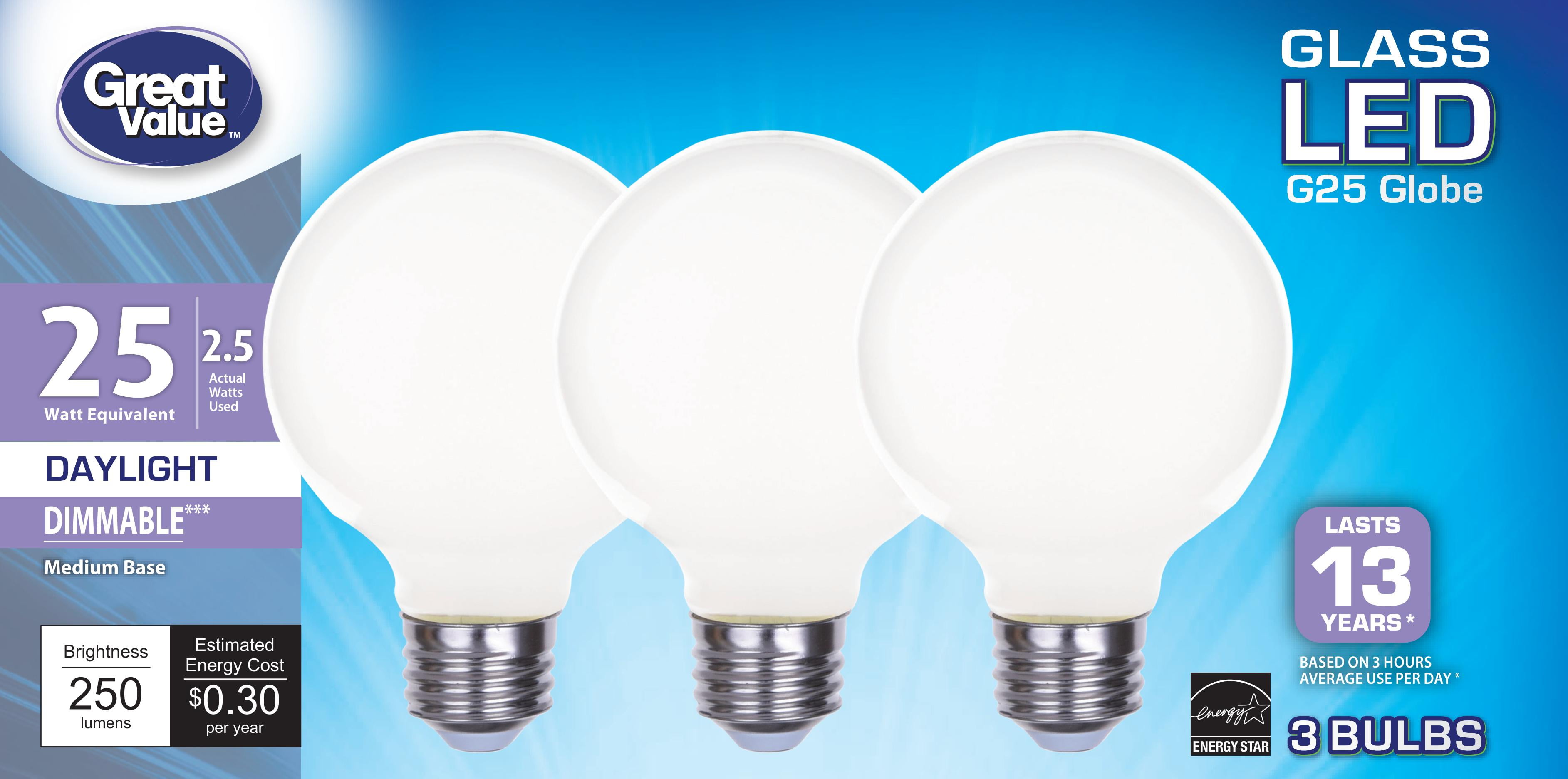 Great Value LED Bulb, 2.5-Watt (25W Equivalent) Daylight G25 Dimmable ...