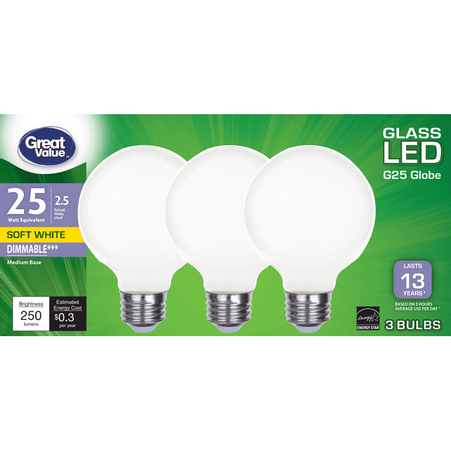 Great Value LED Bulb, 2.5-Watt (25W Equivalent) G25 Deco Bulbs E26 Base ...