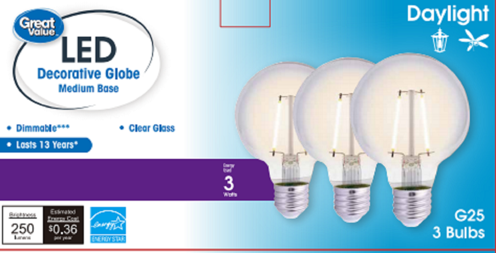Great Value LED Bulb, 2.5-Watt (25W Equivalent) G25 Deco Bulbs E26 Base ...