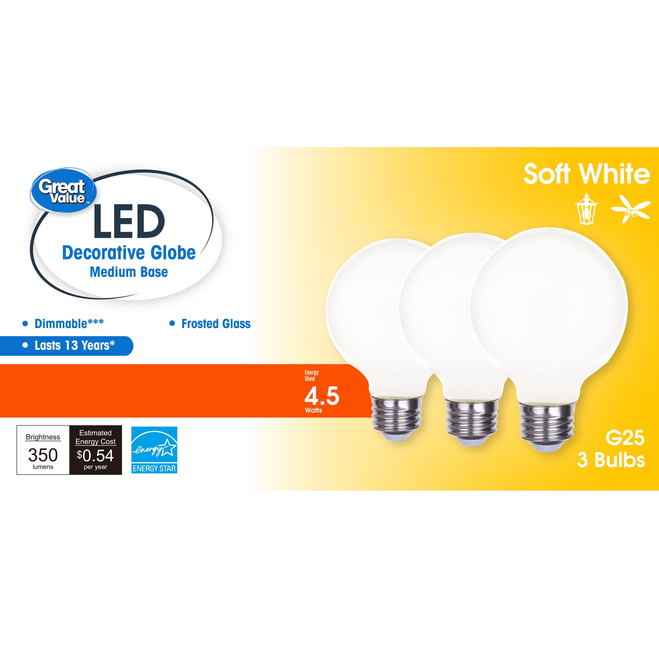 Great Value LED Bulb, 4.5-Watt (40W Equivalent) G25 Deco Bulbs E26 Base ...