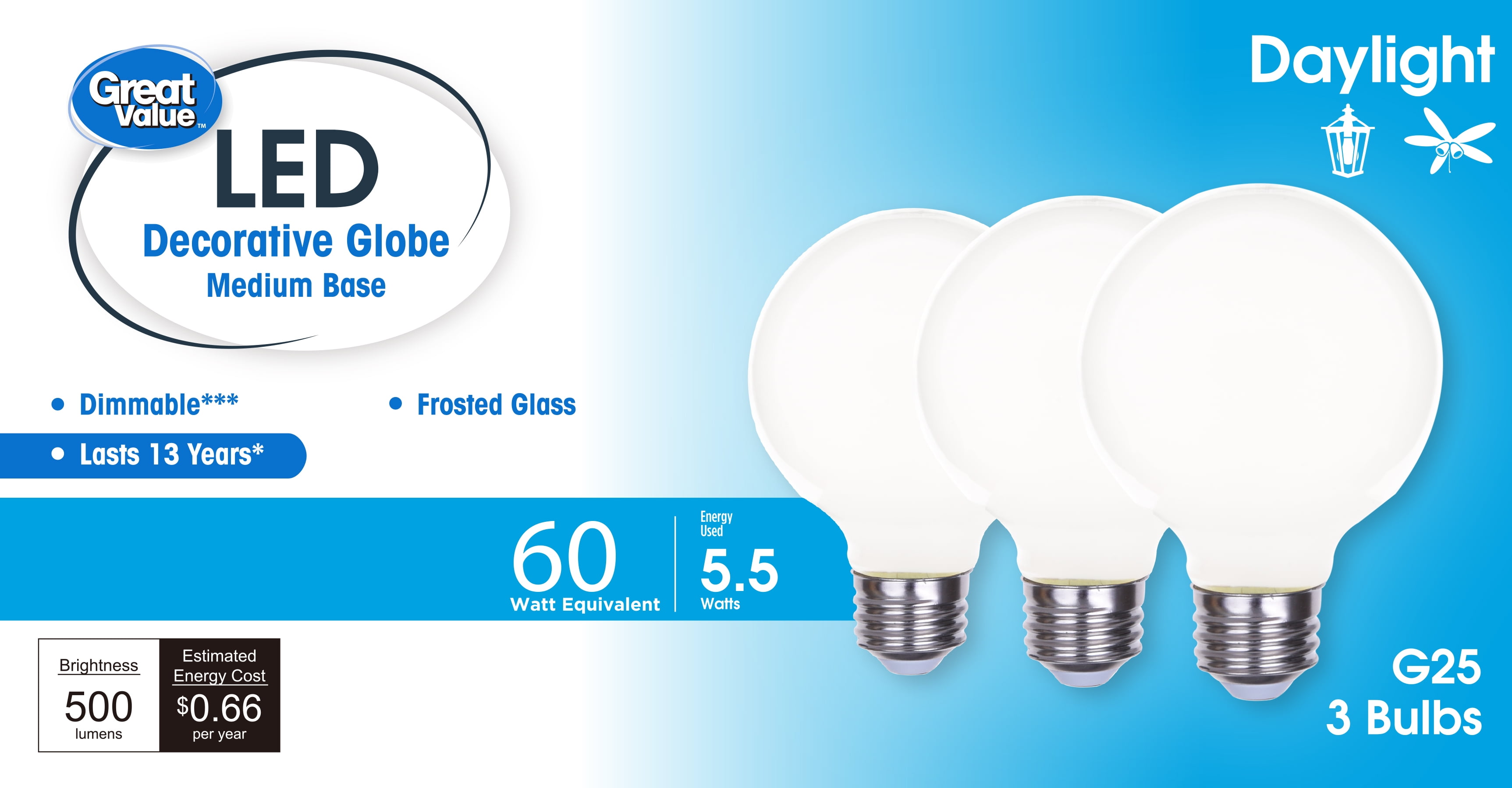 Great Value LED G25 Deco Bulb 5.5-Watt 60W Equivalent Daylight E26 3 ...