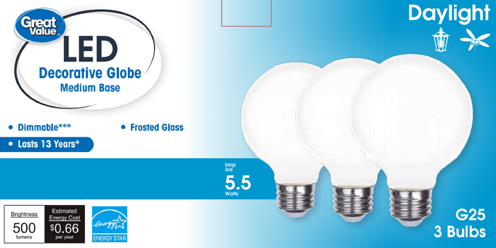 Great Value LED Bulb, 5.5-Watt (60W Equivalent) G25 Deco Bulbs E26 Base ...
