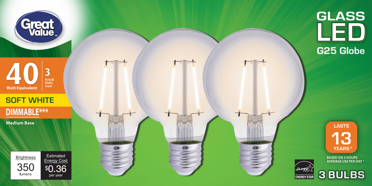 Great Value LED Bulbs, 3-Watt (40W Equivalent) G25 Deco Bulbs E26 Base ...