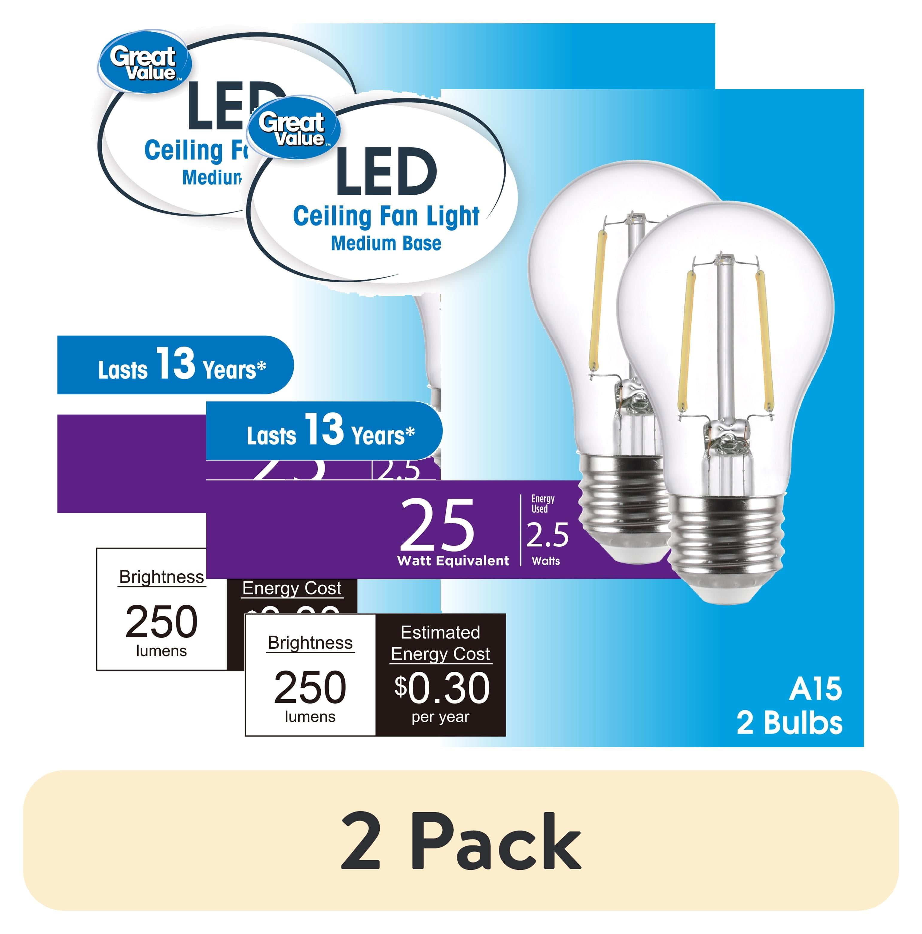 (2 pack) Great Value LED Ceiling Fan Bulb, 2.5-Watt (25W Eqv.) A15 ...