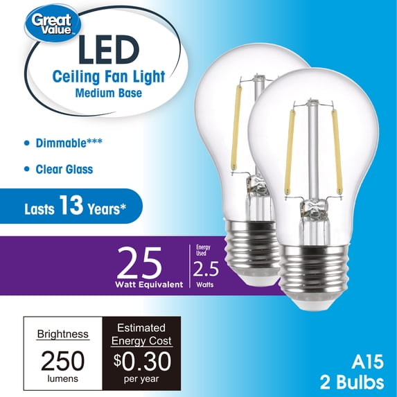Great Value LED Ceiling Fan Bulb 2.5W (25W Eqv.) A15 Daylight E26 ...
