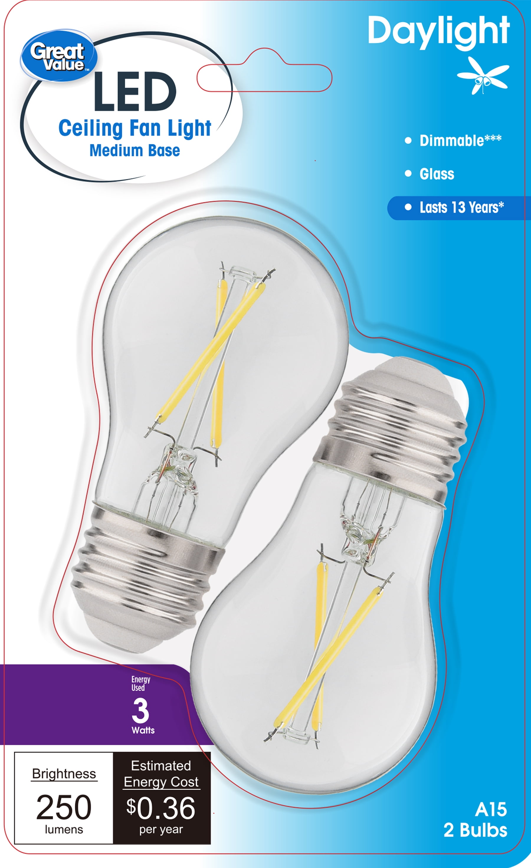 Great Value LED Ceiling Fan Bulb, 3-Watt (25W Eqv.) A15 Shape E26 Base ...