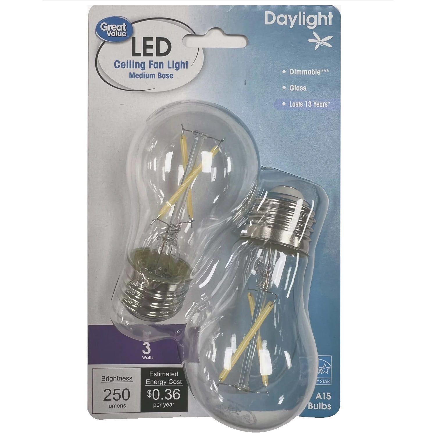 Great Value LED Ceiling Fan Bulb, 3-Watt (25W Eqv.) A15 Shape E26 Base ...