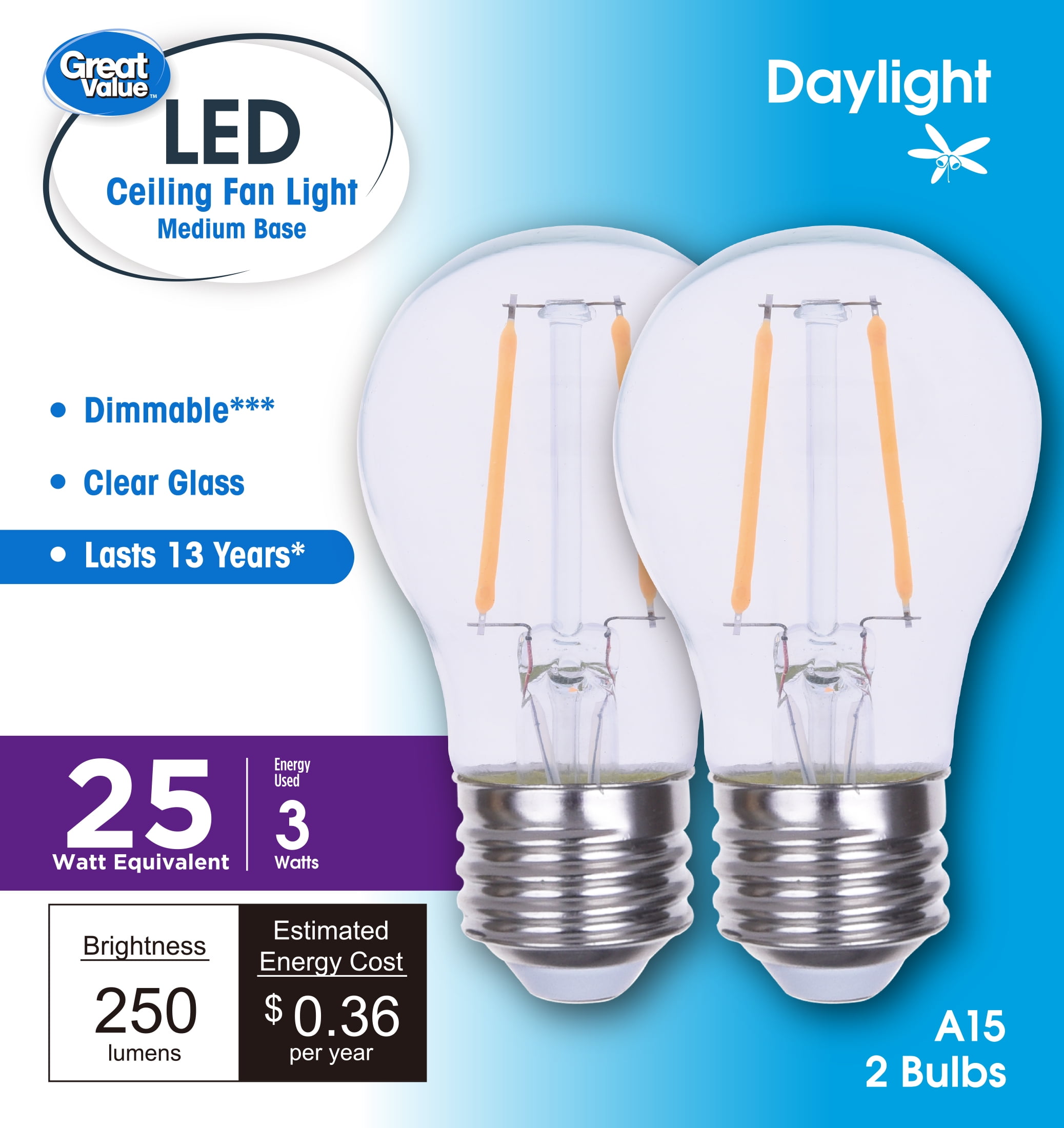 Great Value LED Ceiling Fan Bulb, 3-Watt (25W Eqv.) A15 Shape E26 Base ...