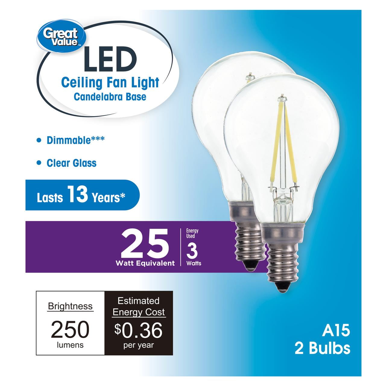 Great Value LED Ceiling Fan Bulb, 3W (25W Equivalent) Daylight A15 with ...