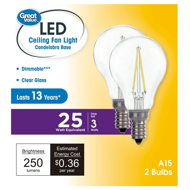 Great Value LED Ceiling Fan Bulb 3W (25W Equivalent) Soft White A15 ...