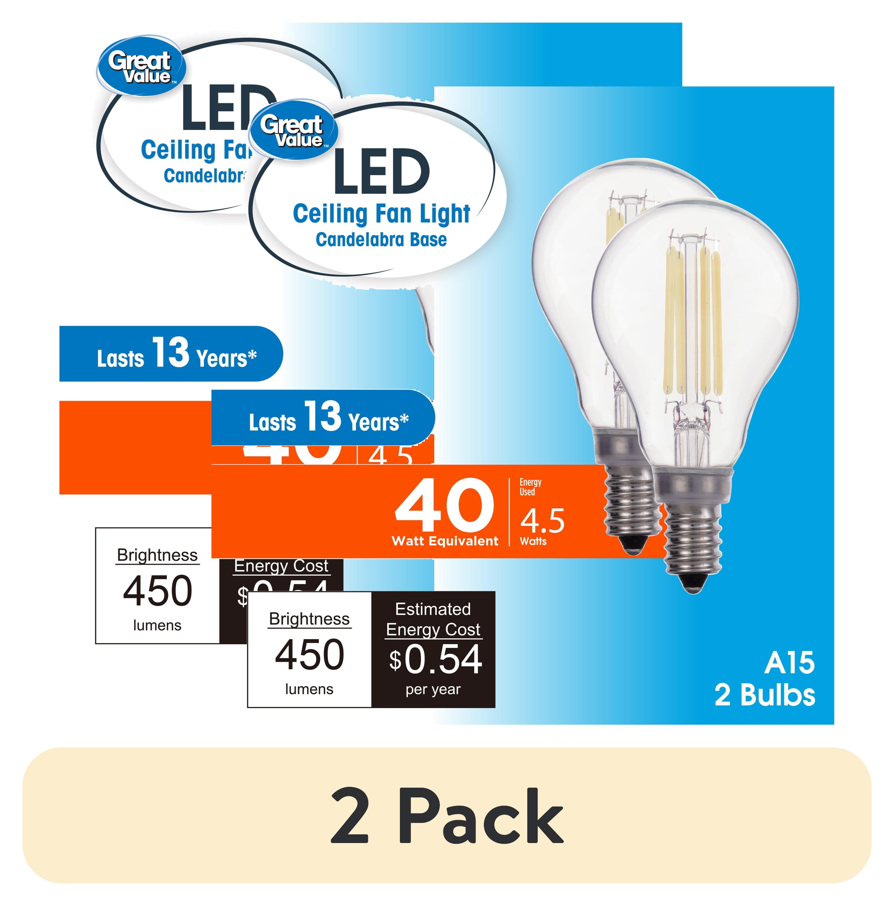 (2 pack) Great Value LED Ceiling Fan Bulb, 4.5-Watt (40W Eqv.) A15 ...