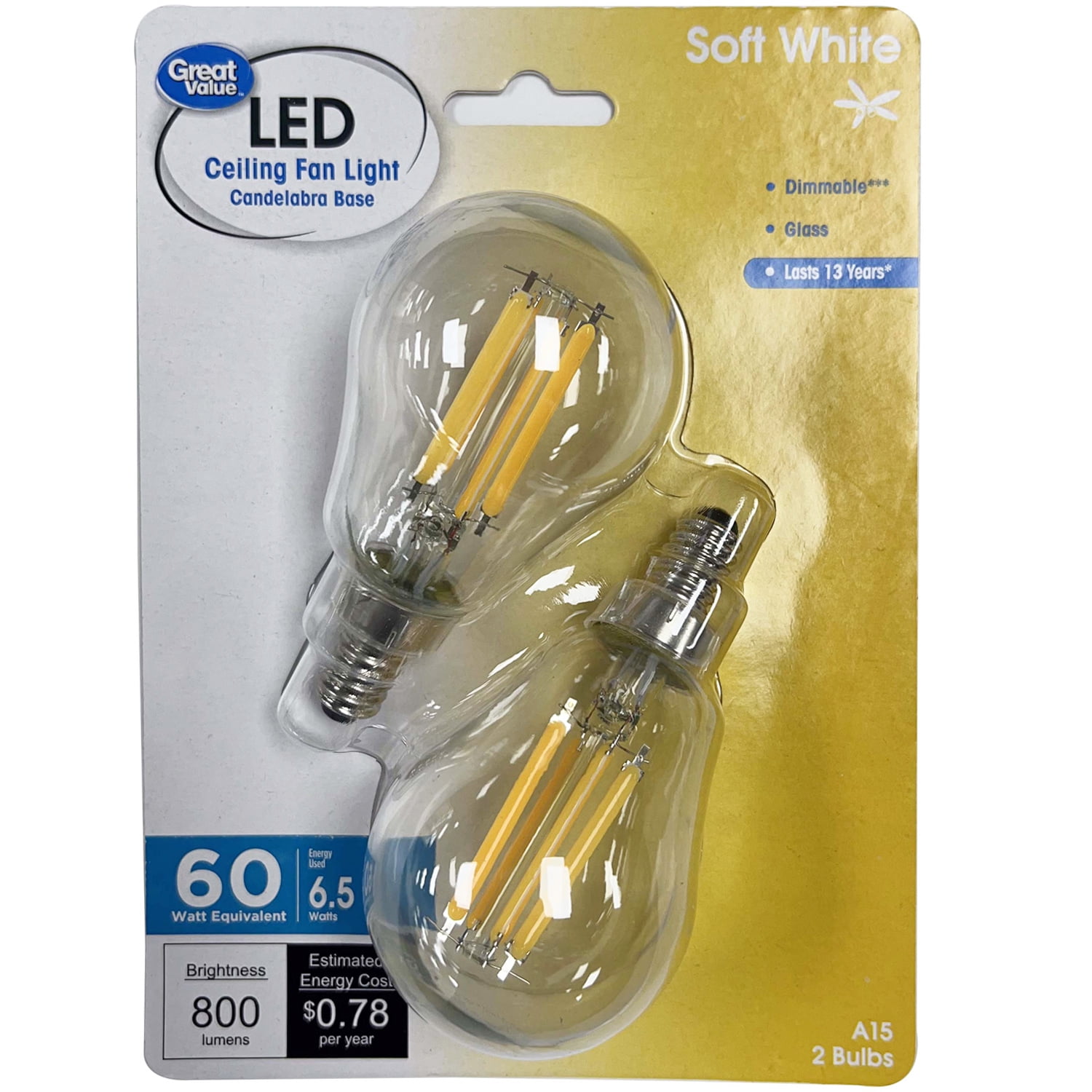 Great Value LED Ceiling Fan Bulb, 6.5-Watt (60W Eqv.) A15 Shape E12 ...