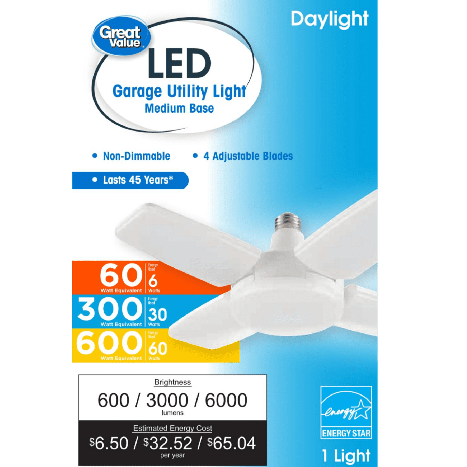 Great Value LED Daylight Garage Light, 6W/30W/60W (Brightness ...