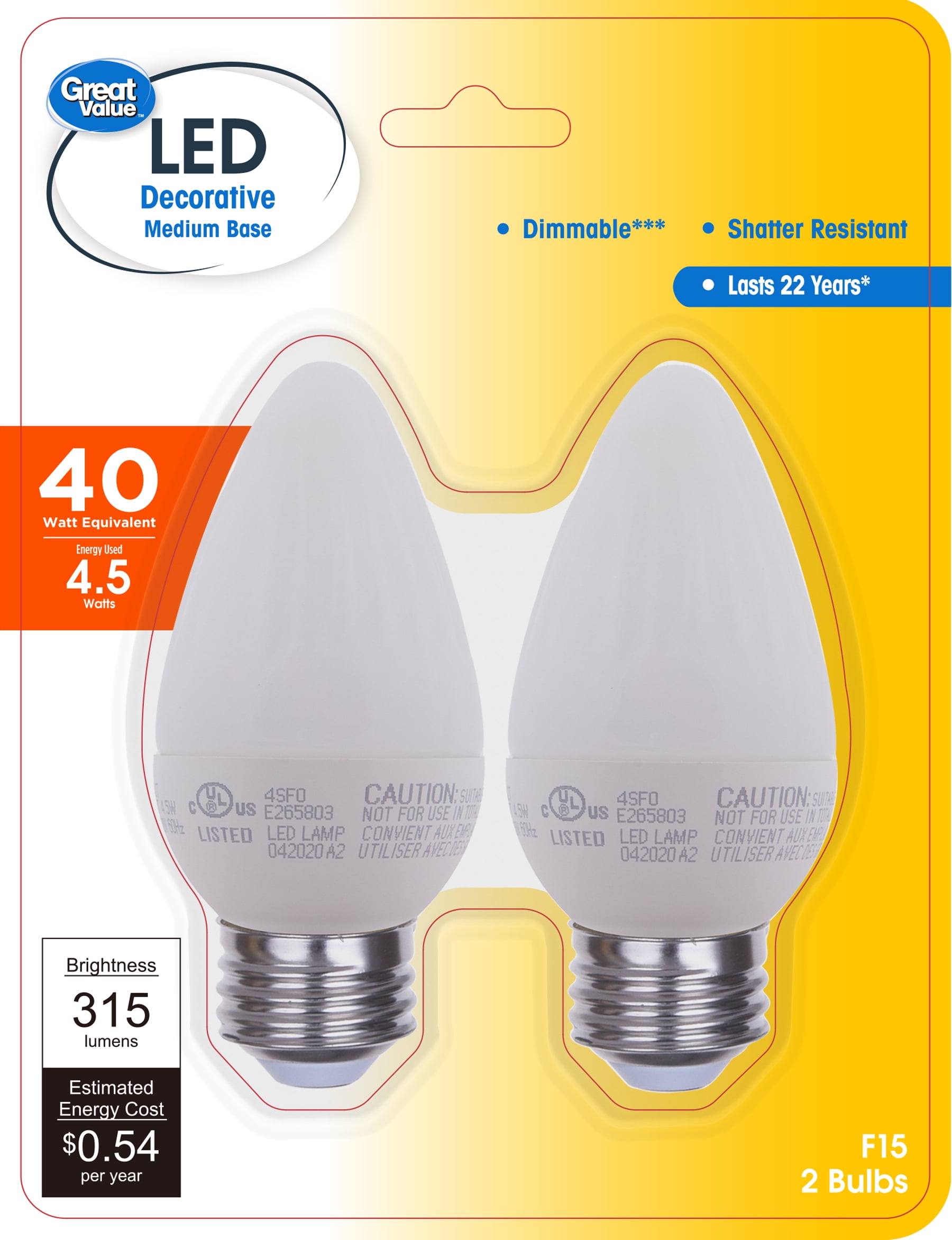 Great Value LED Deco Bulb, 4.5-Watt (40W Equiv.) F15 Shape Dimmable ... Great Value LED Deco Bulb, 4.5-Watt (40W Equiv.) F15 Shape Dimmable ...