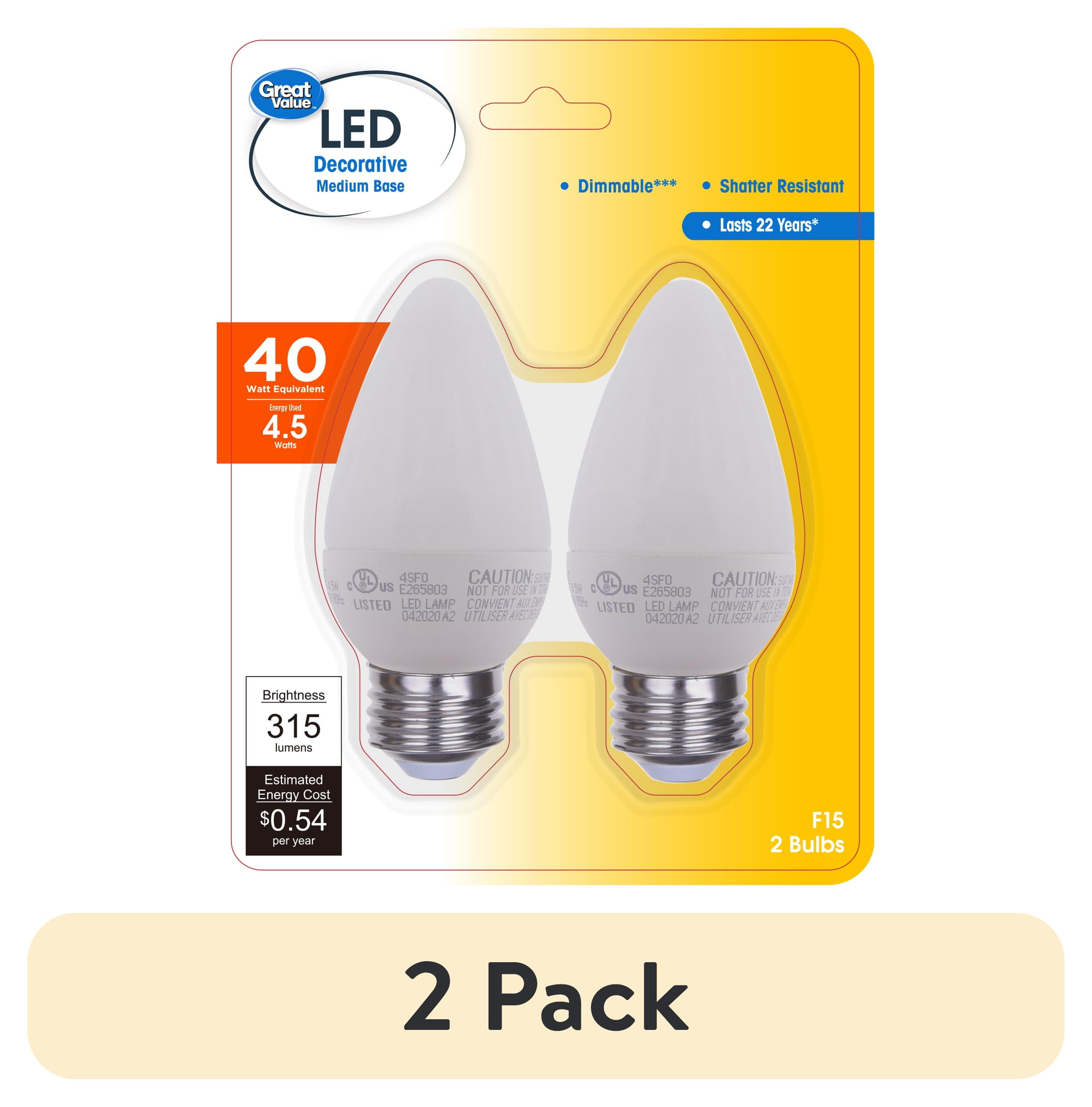 (2 pack) Great Value LED Deco Bulb, 4.5-Watt (40W Equiv.) F15 Shape ... (2 pack) Great Value LED Deco Bulb, 4.5-Watt (40W Equiv.) F15 Shape ...