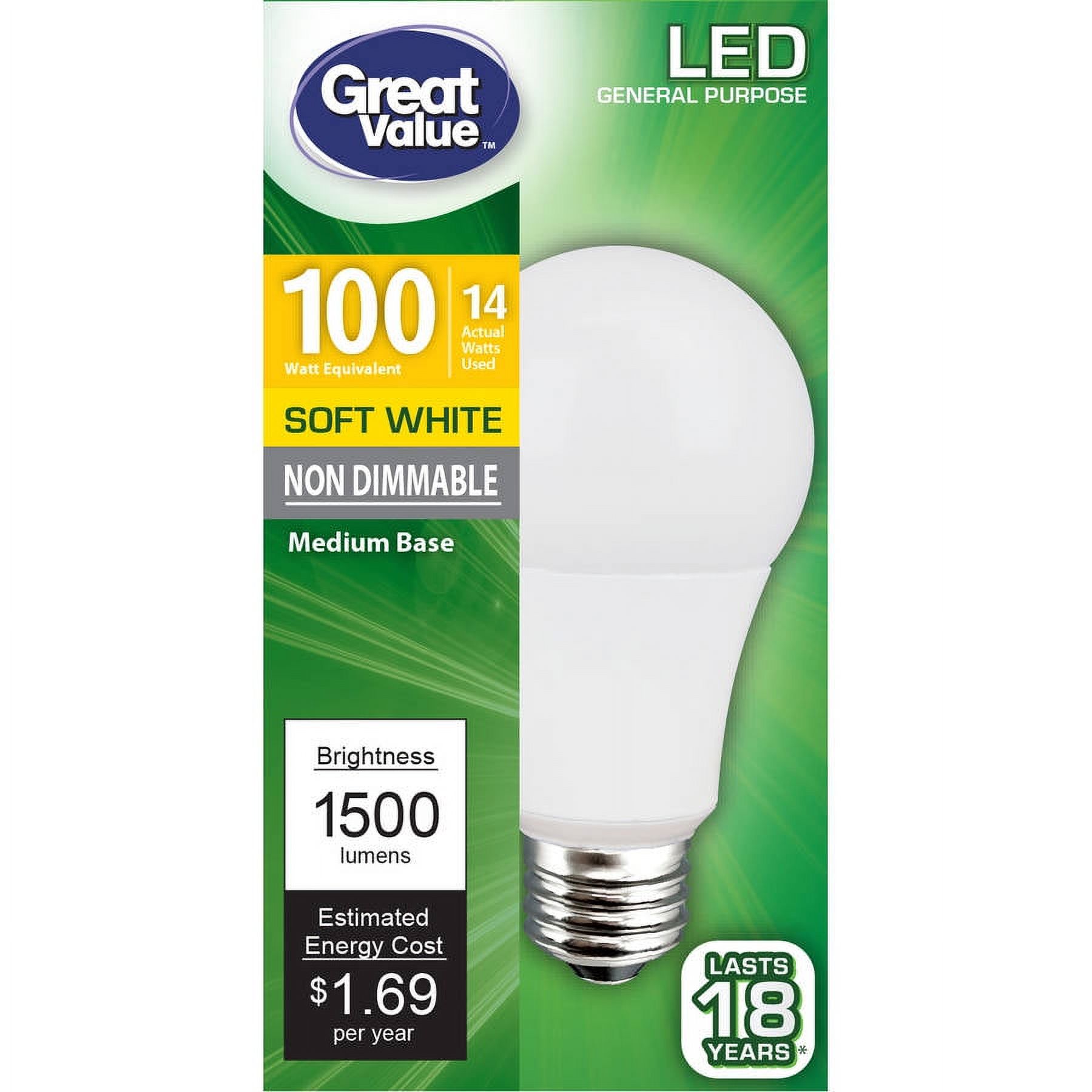 Great Value LED (E26) Light Bulb, 14W (100W Equivalent), Soft White ...