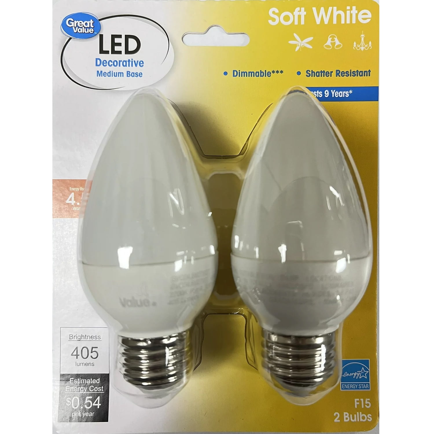 Great Value LED F15 4.5W(40W Equiv) Soft White Decorative Candle Light ...