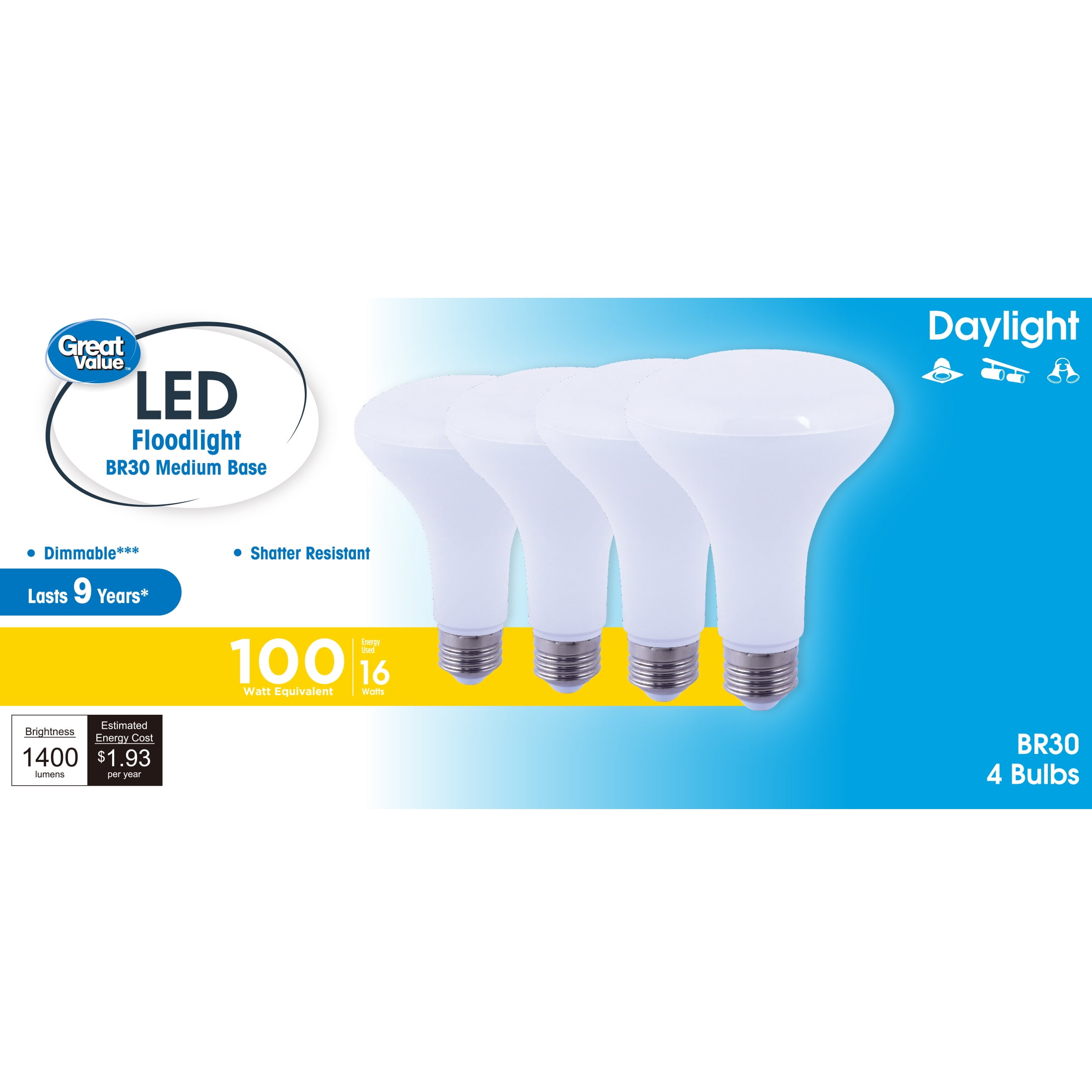 Great Value LED Floodlight Bulb, 16W Daylight BR30, Dimmable, E26 Base ...