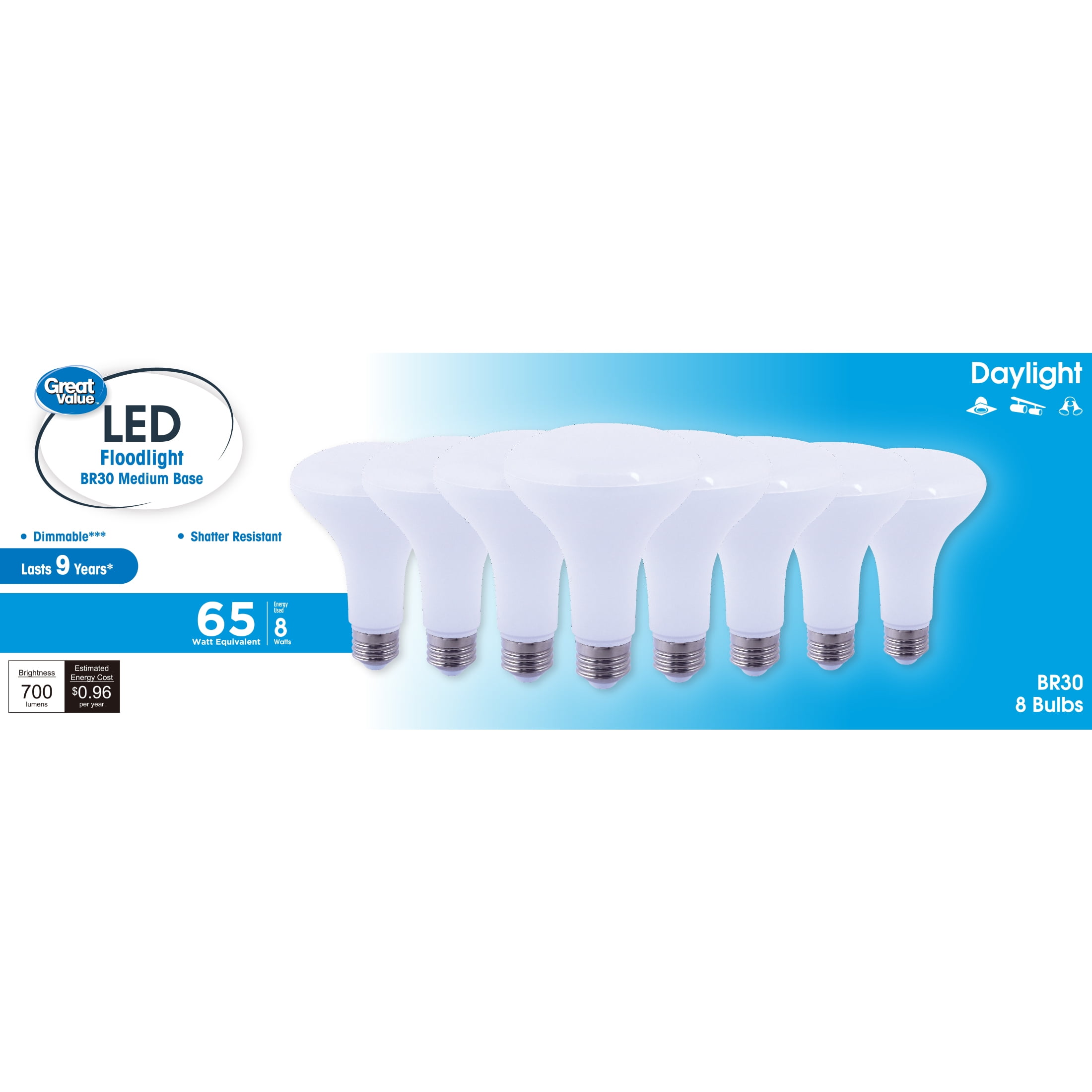 Great Value LED Floodlight Bulb, 8W(65W Equivalent) Daylight BR30 with ...