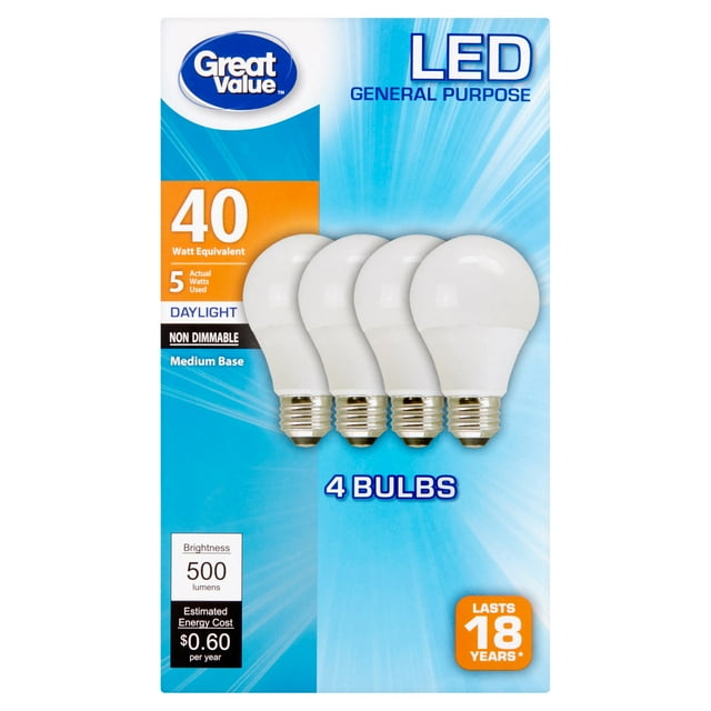 Great Value LED General Purpose Medium Base 5 Watts Bulbs, 4 count ...