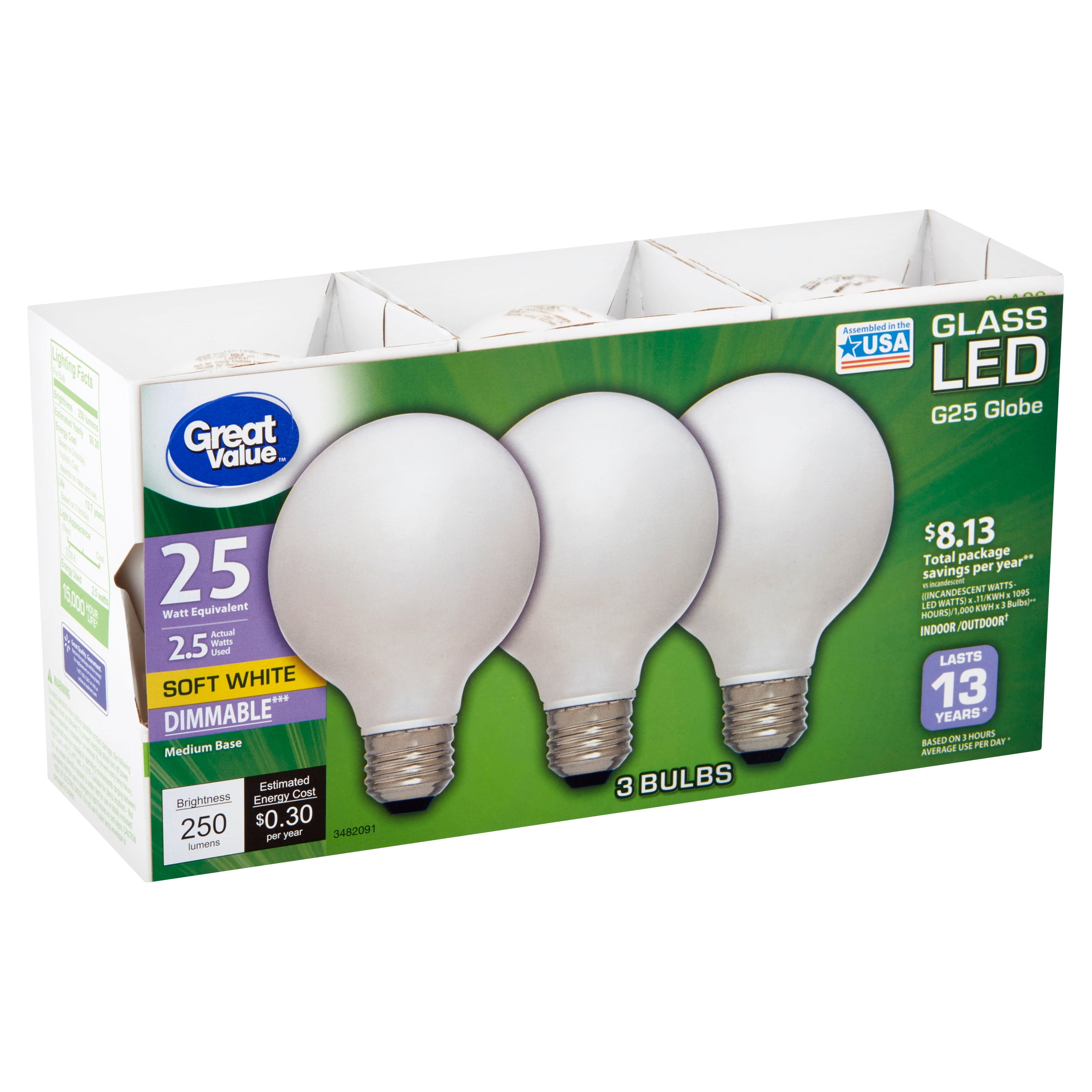 Great Value LED Glass 2.5 Watts Soft White Medium Base Bulbs, 3 Count ...