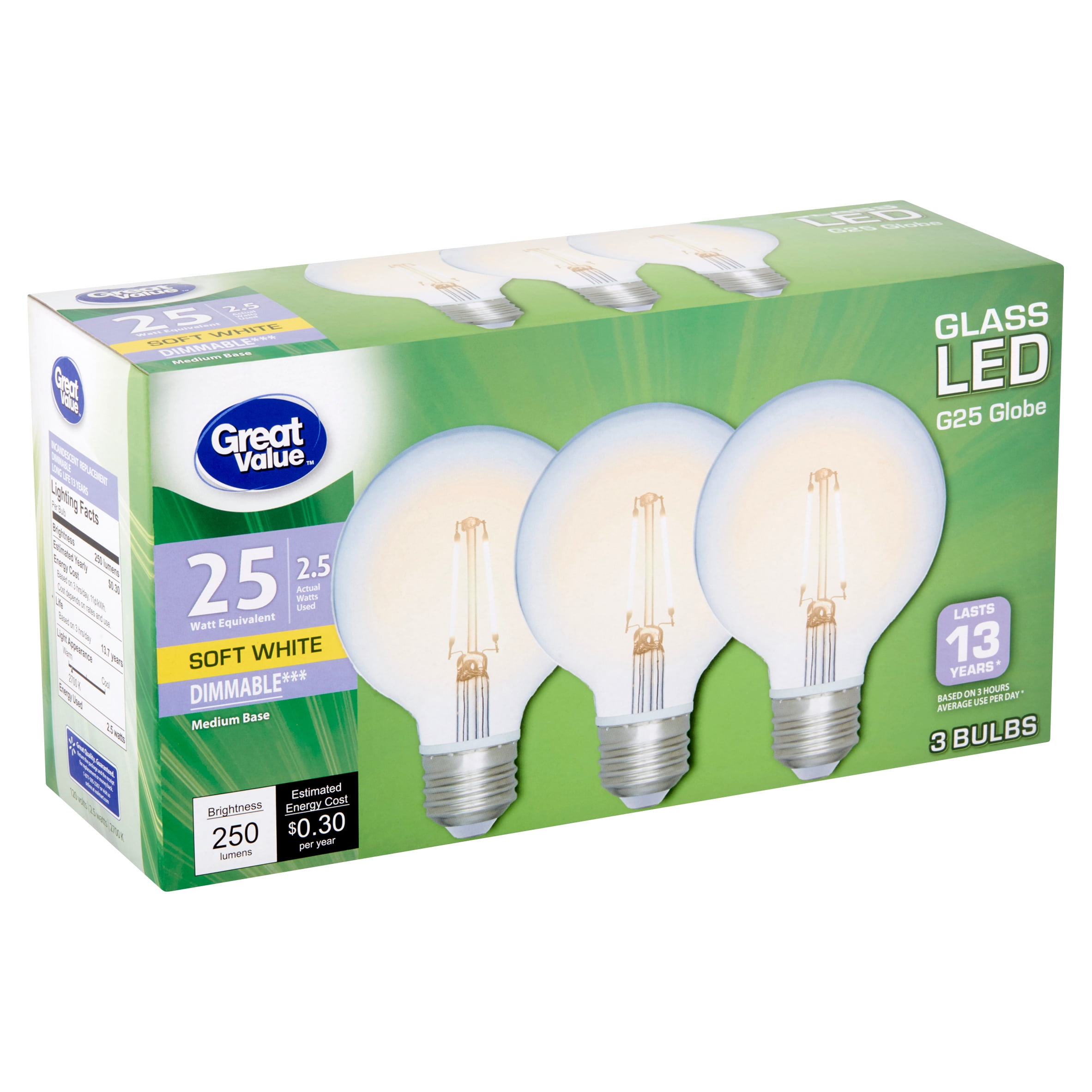 Great Value LED Glass 2.5 Watts Soft White Medium Base Bulbs, 3 count ...