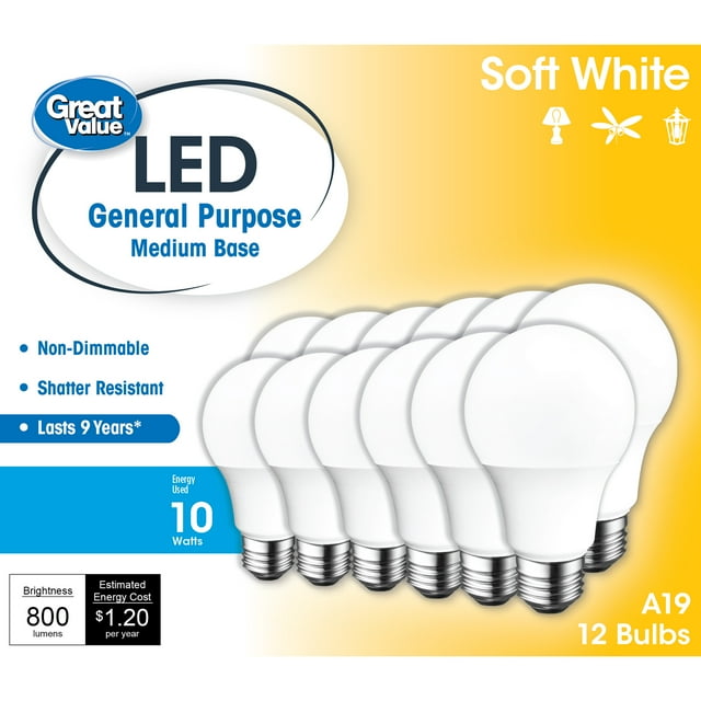 Great Value LED Light Bulb, 10 Watts (60W Equivalent) A19 General ...