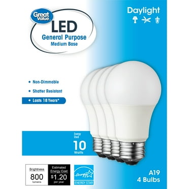 Great Value 18YR A19 LED Light Bulb, 8.5W(60W Equivalent) Dimmable Daylight E26 Medium Base, 12 ...