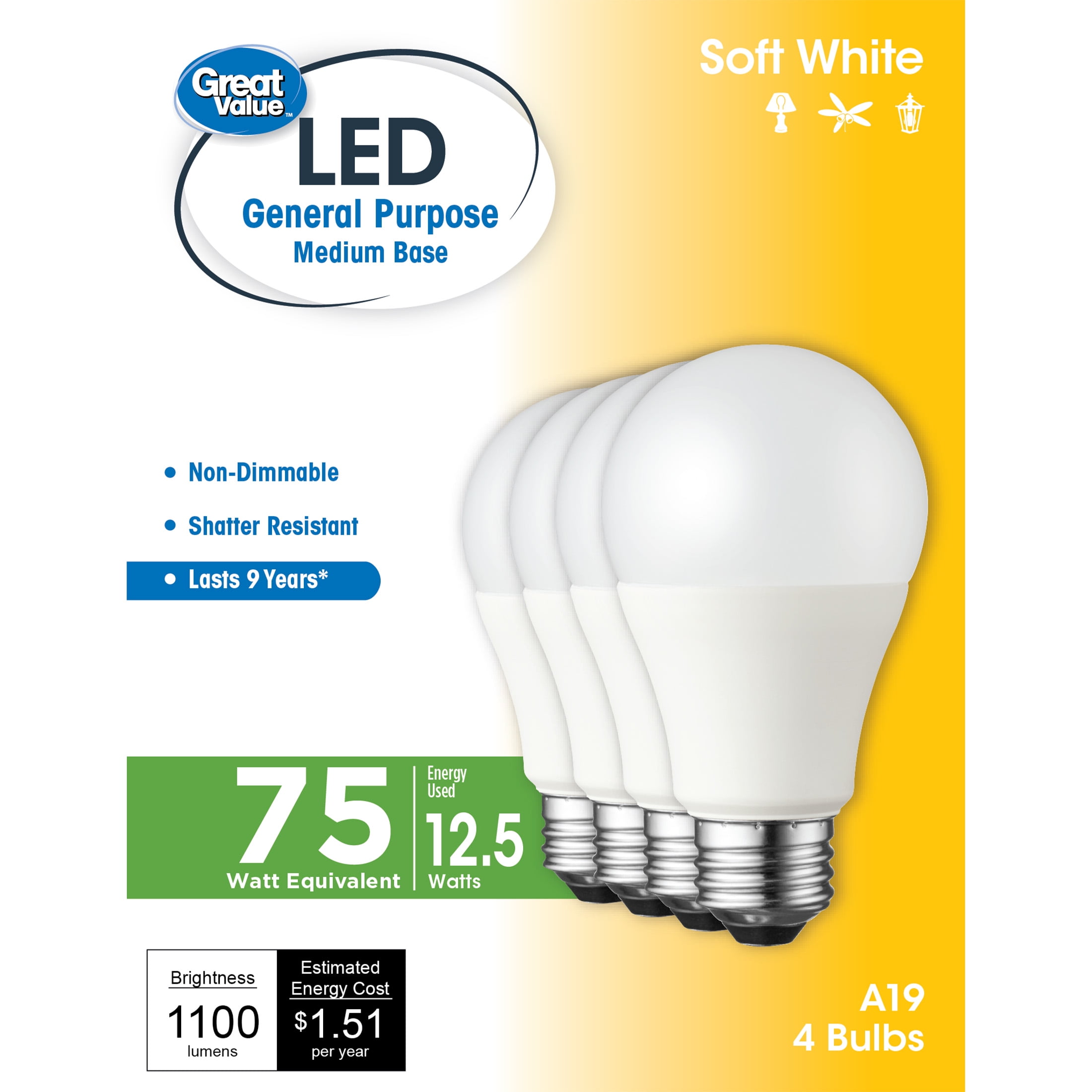 Great Value LED Light Bulb, 12.5W (75W Equivalent), Soft White, A19 ...