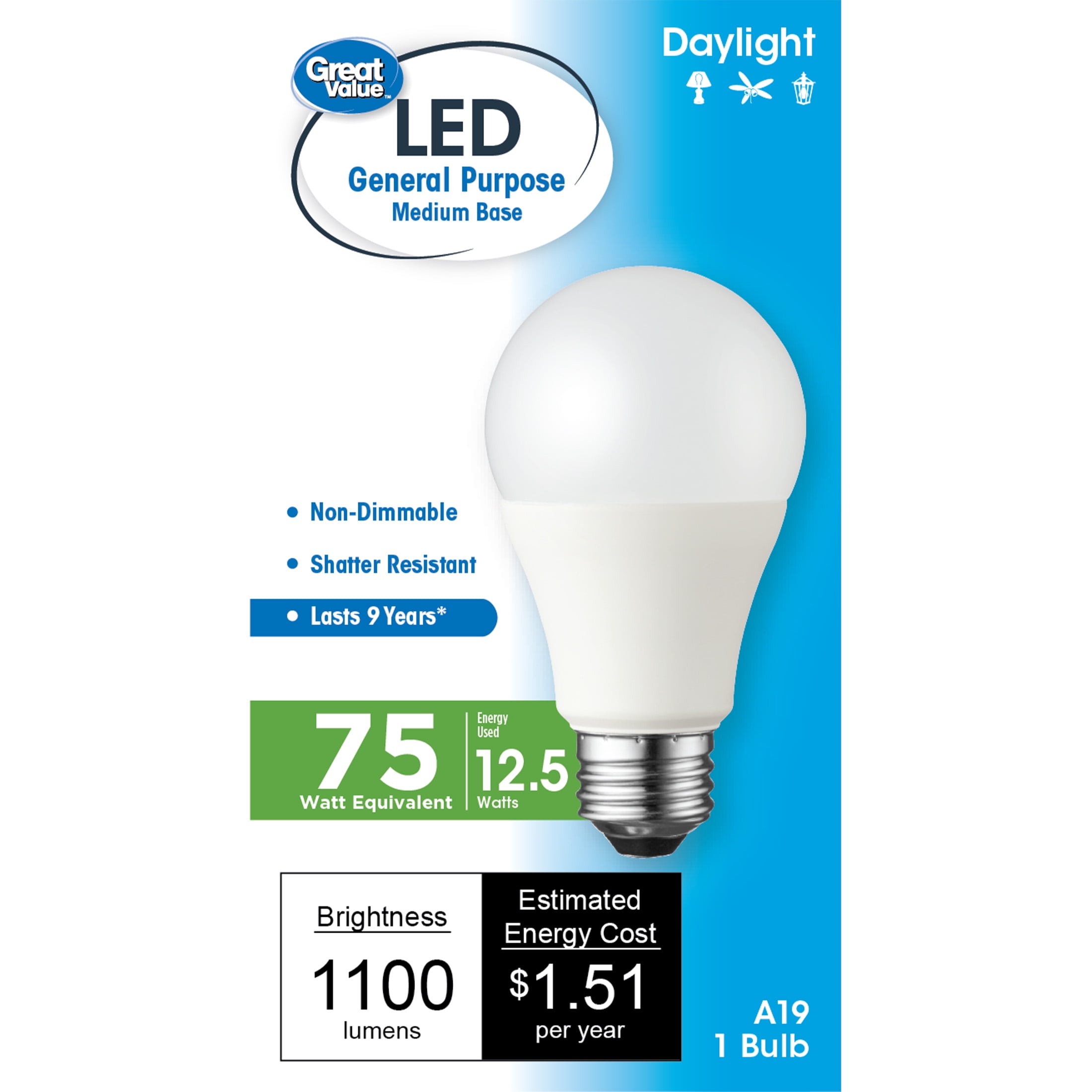 Brandclub - Great Value LED Light Bulb, 12.5W (75W Equivalent) A19 ...