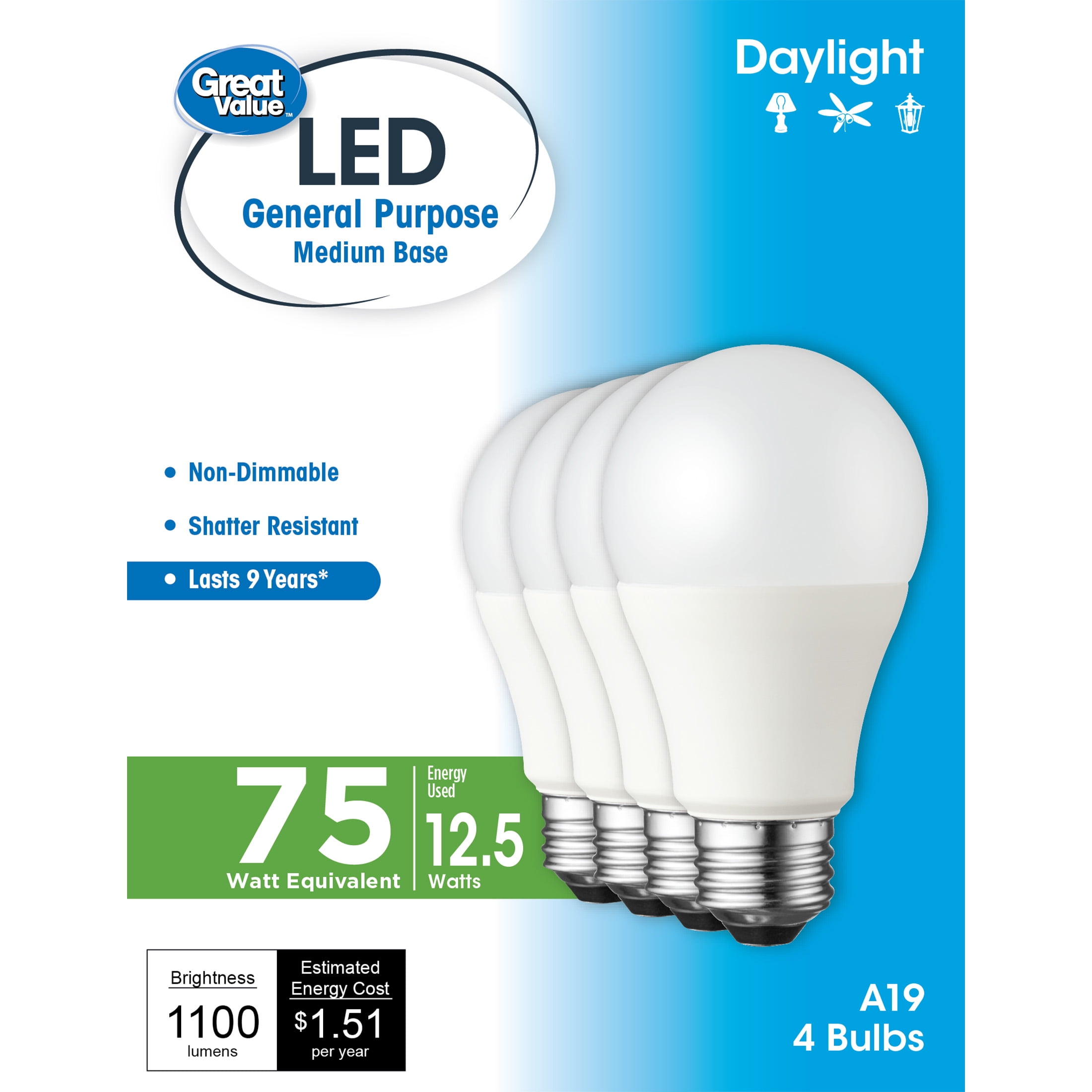 Great Value LED Light Bulb, 12.5W 75W Equivalent A19 Daylight E26 Base ...